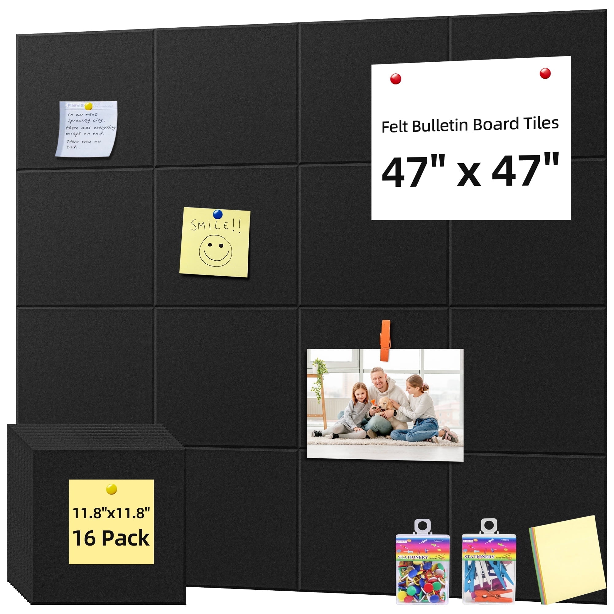 Reichtum Felt Tile Bulletin Board, 16 Pack Felt Wall Tiles with 100 ...