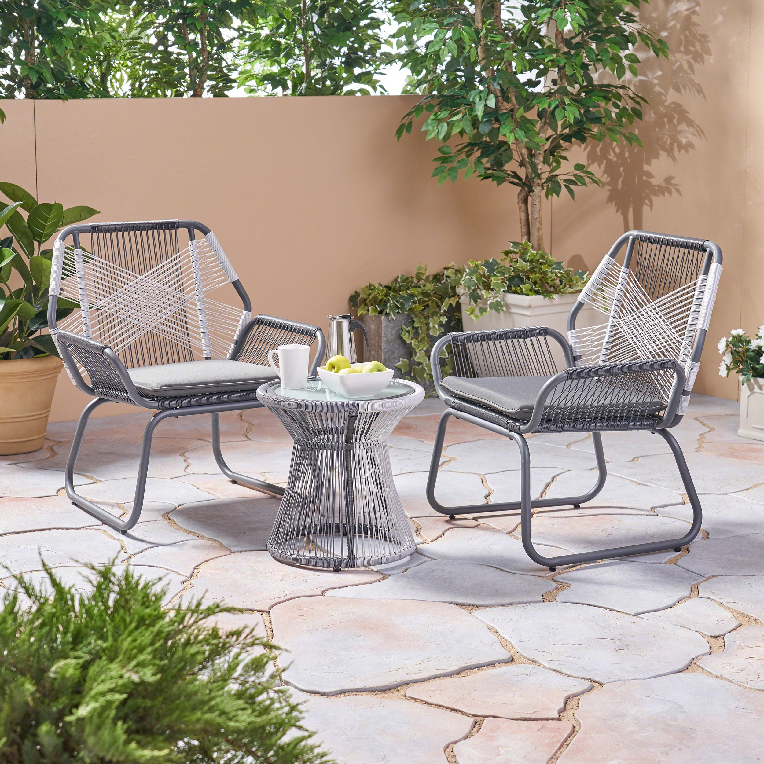 Reid Outdoor 3 Piece Wicker Chat Set, Gray, White - Walmart.com