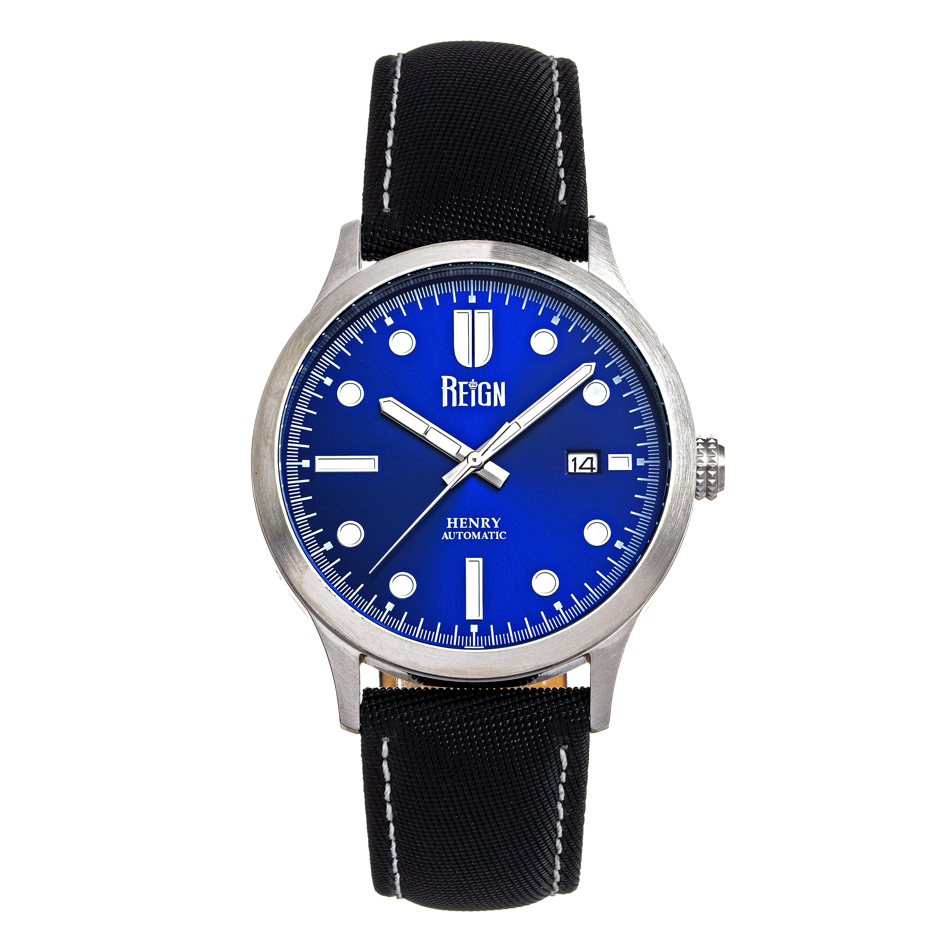 Reign Henry Automatic Canvas-Overlaid Leather-Band Watch w/Date - Blue ...