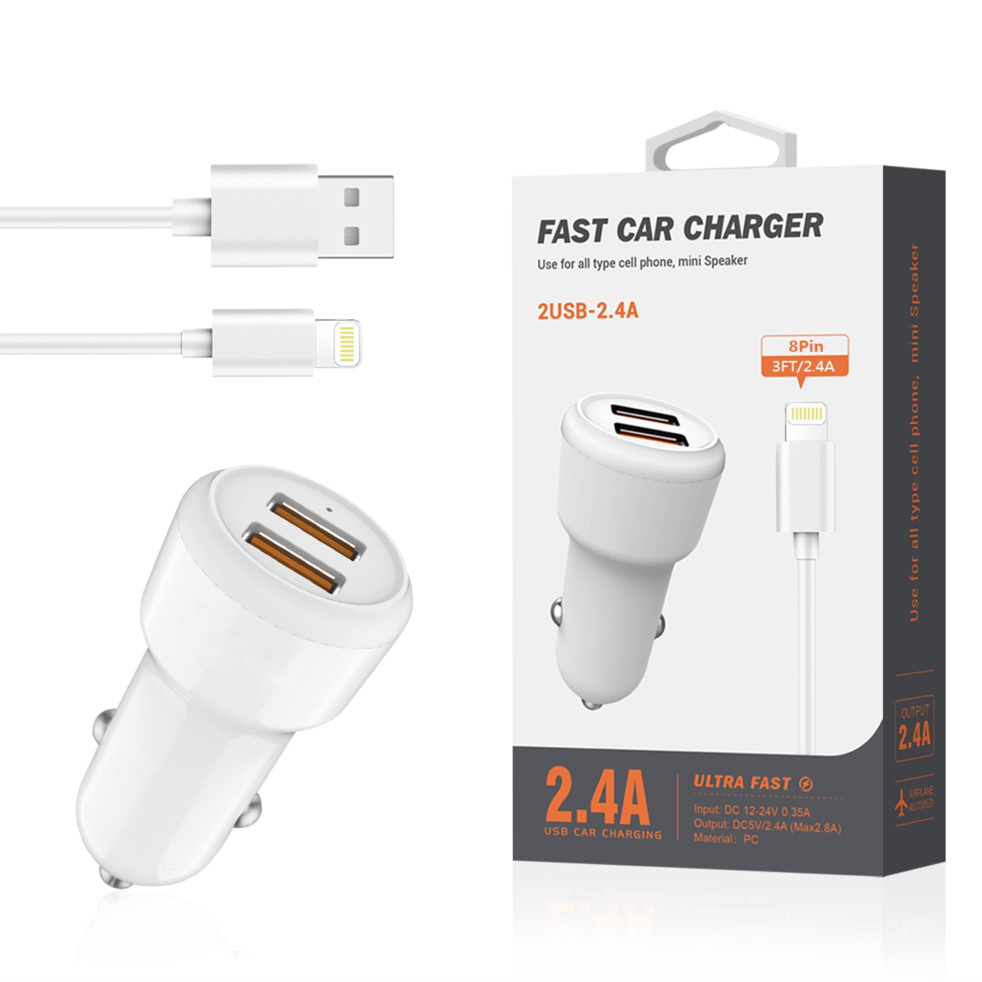 Reiko 8 Pin Portable Car Charger with Built in 3 Ft Cable in White ...
