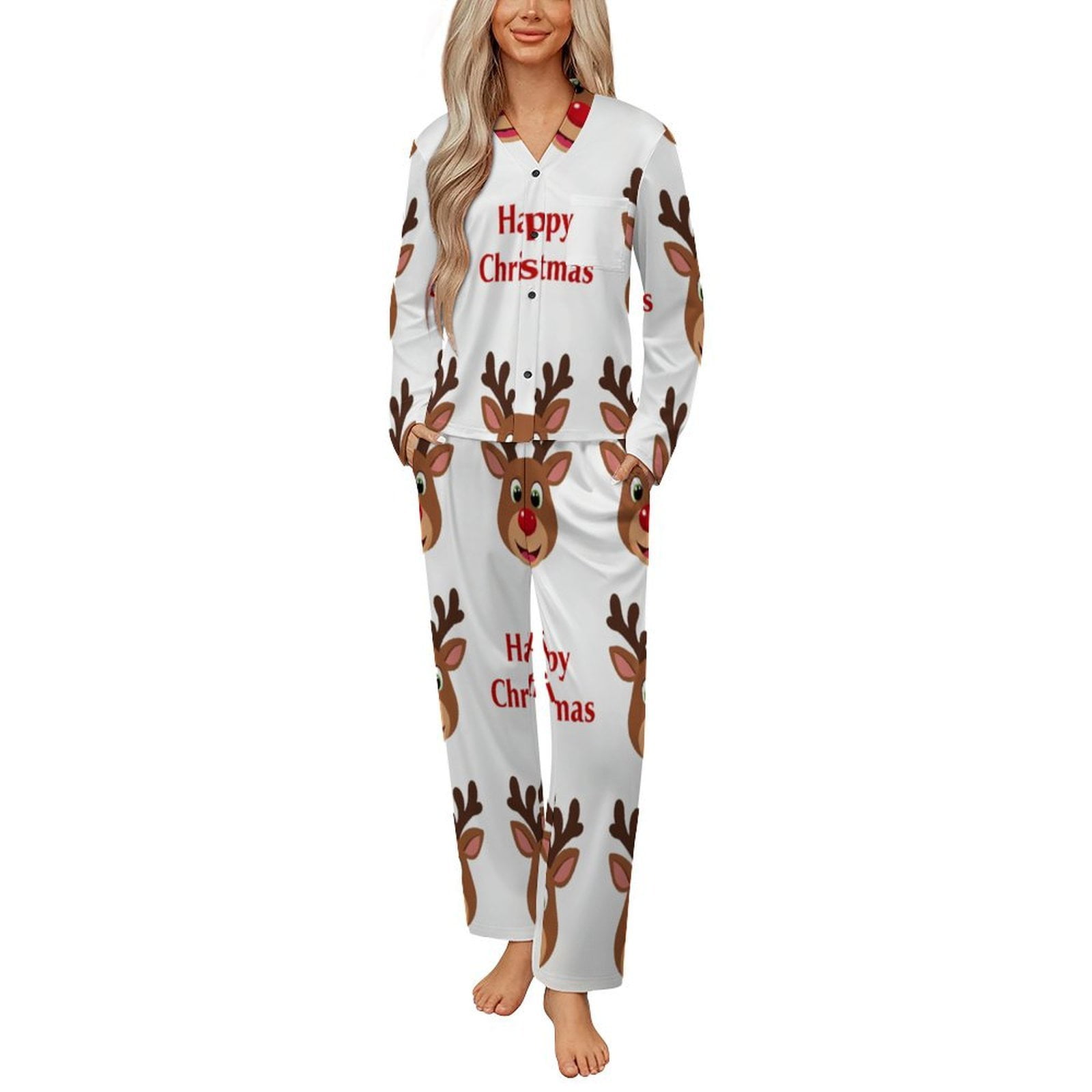 Reindeer Christmas Card Design Womens Pyjamas Set Button Up Pyjamas ...