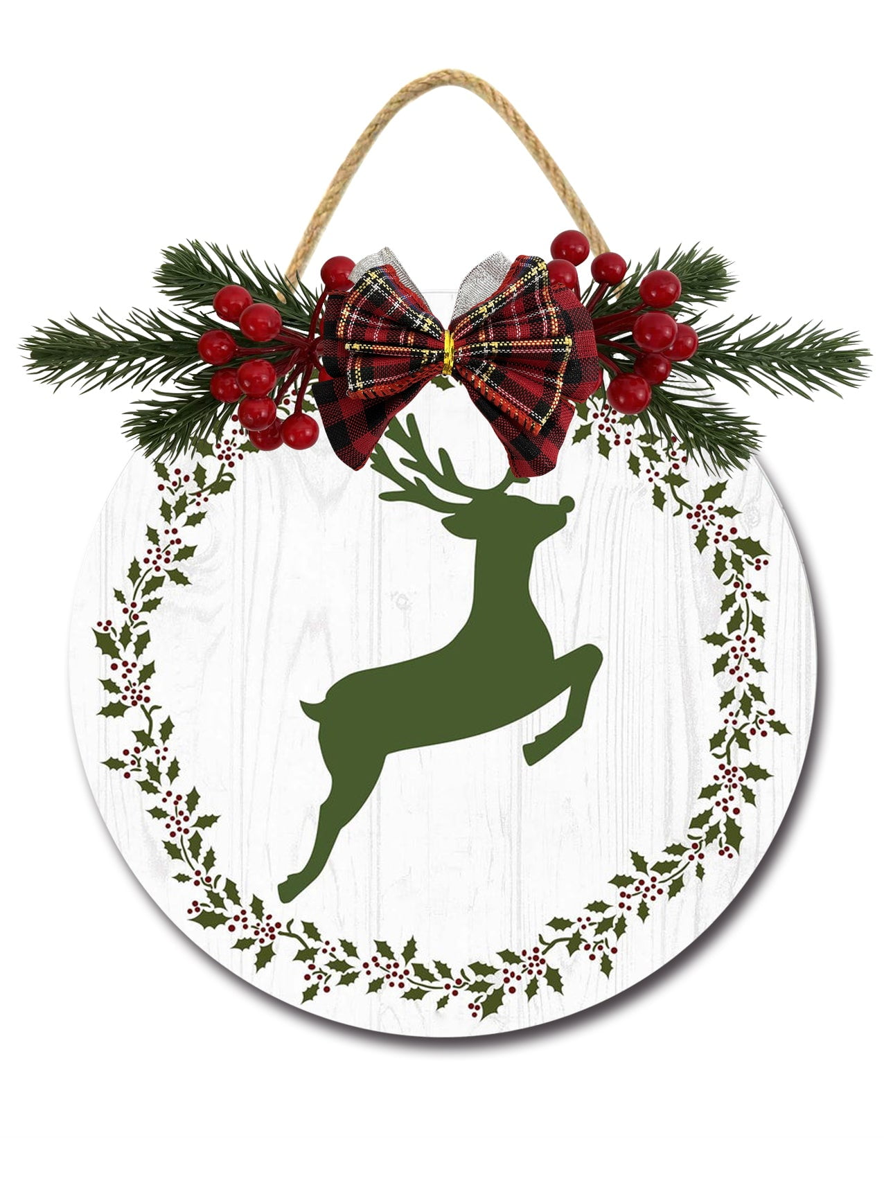 Reindeer Christmas Sign Front for Door Decoration, 11" Round Wood ...
