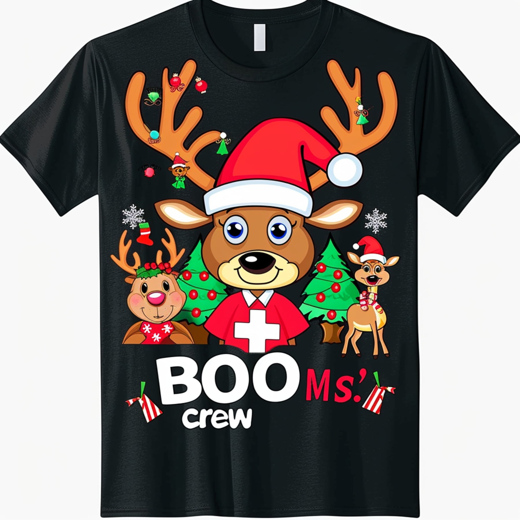 Reindeer Christmas T Shirt with 'BOO Ms ' Crew' Design Black Tee for ...