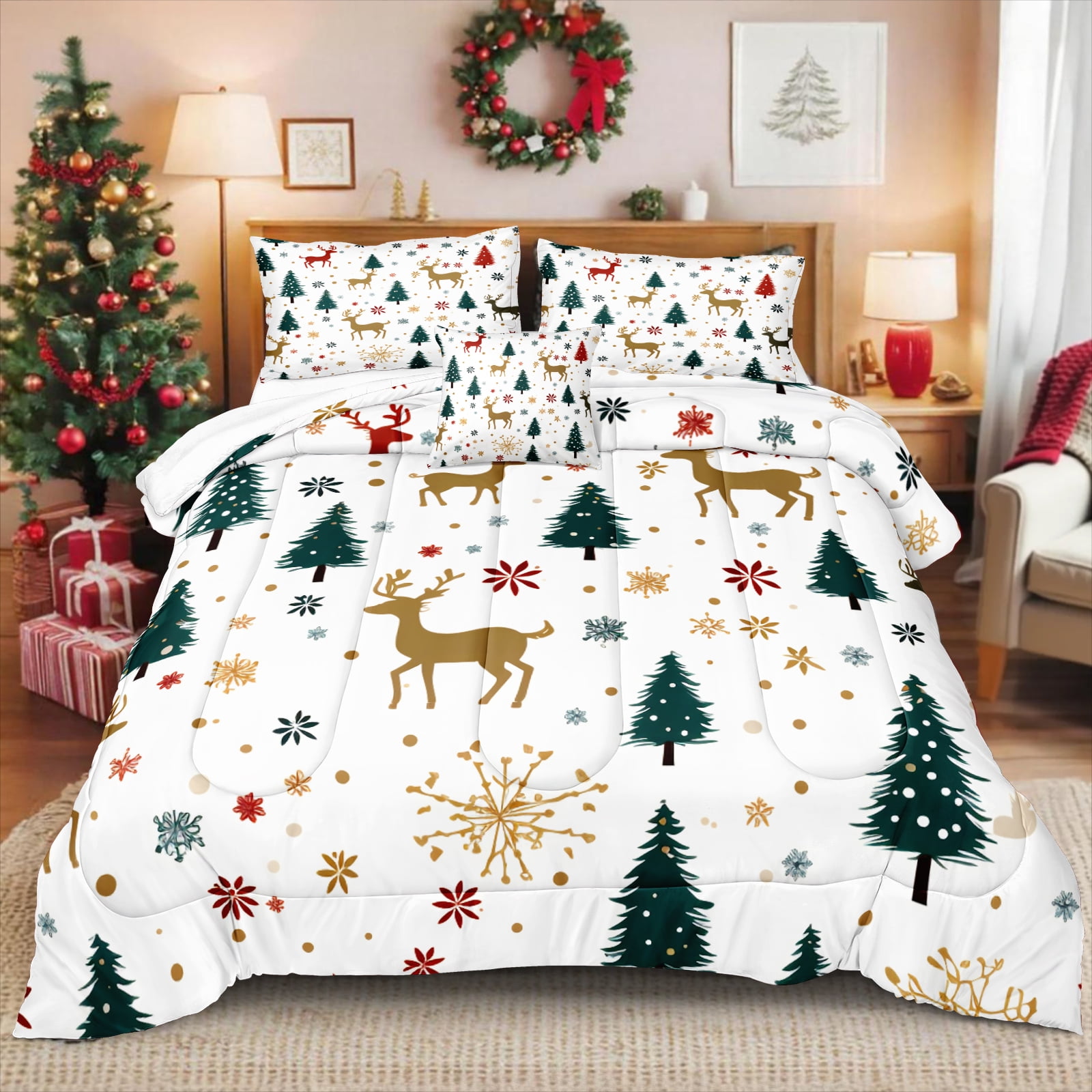 Reindeer Chritmas Comforter Set Queen Size Christmas Tree Bedding Set ...