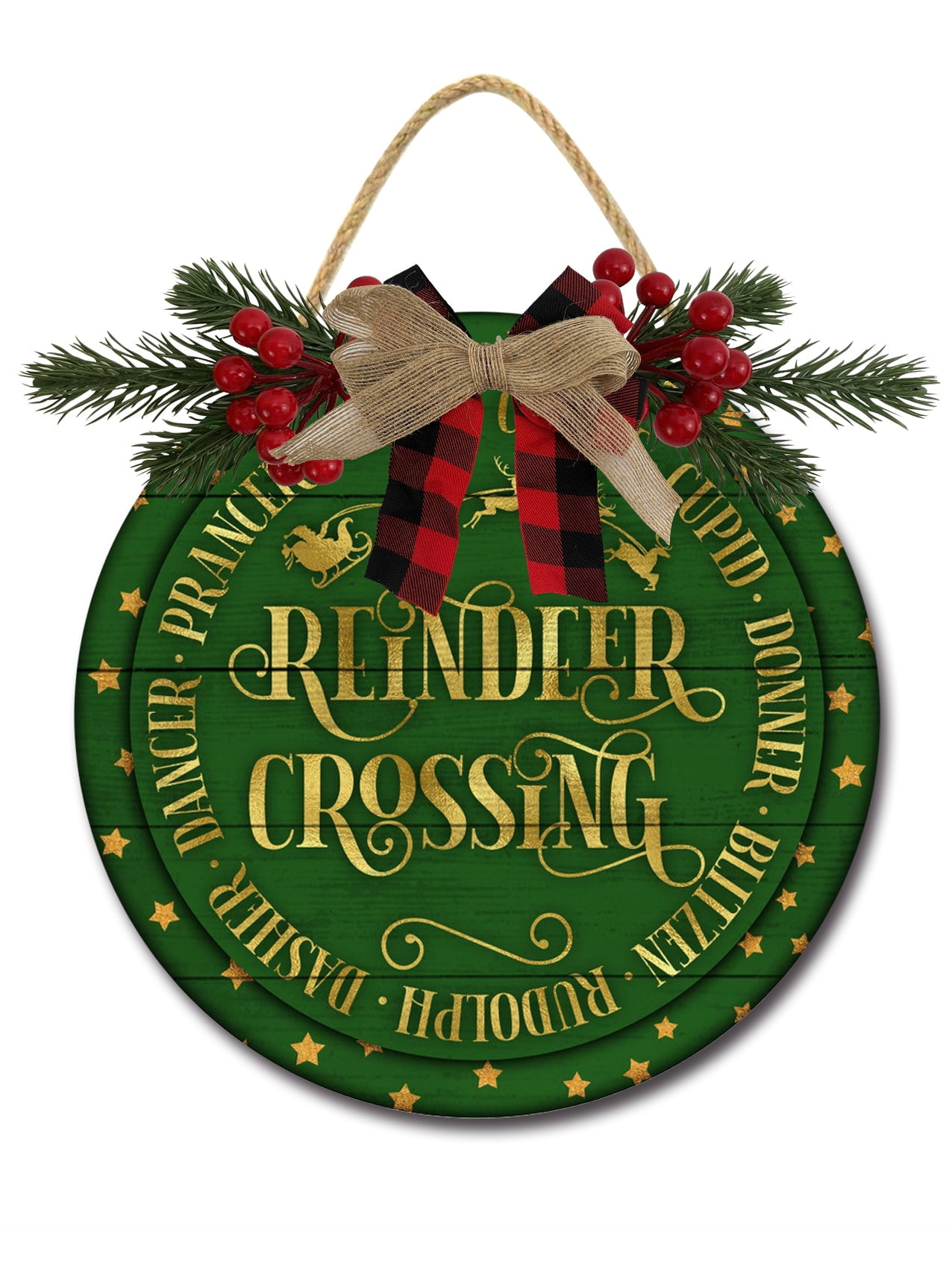 Reindeer Crossing Sign Front Door Porch Decorations, Round Rustic Wood Hanging Sign for ...