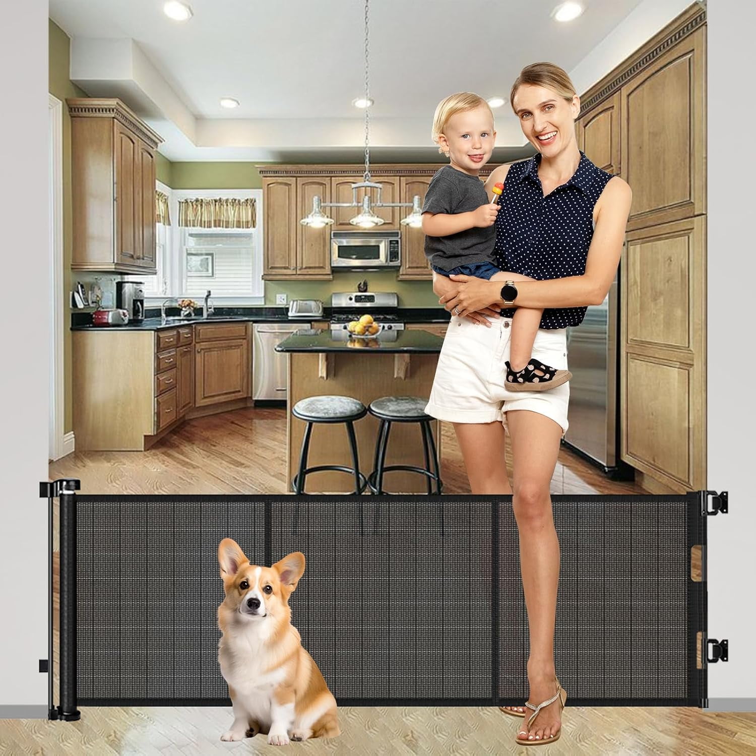 Reinforced 22 Inch Tall Retractable Dog Gate Step Over Pet Gate, 75 ...