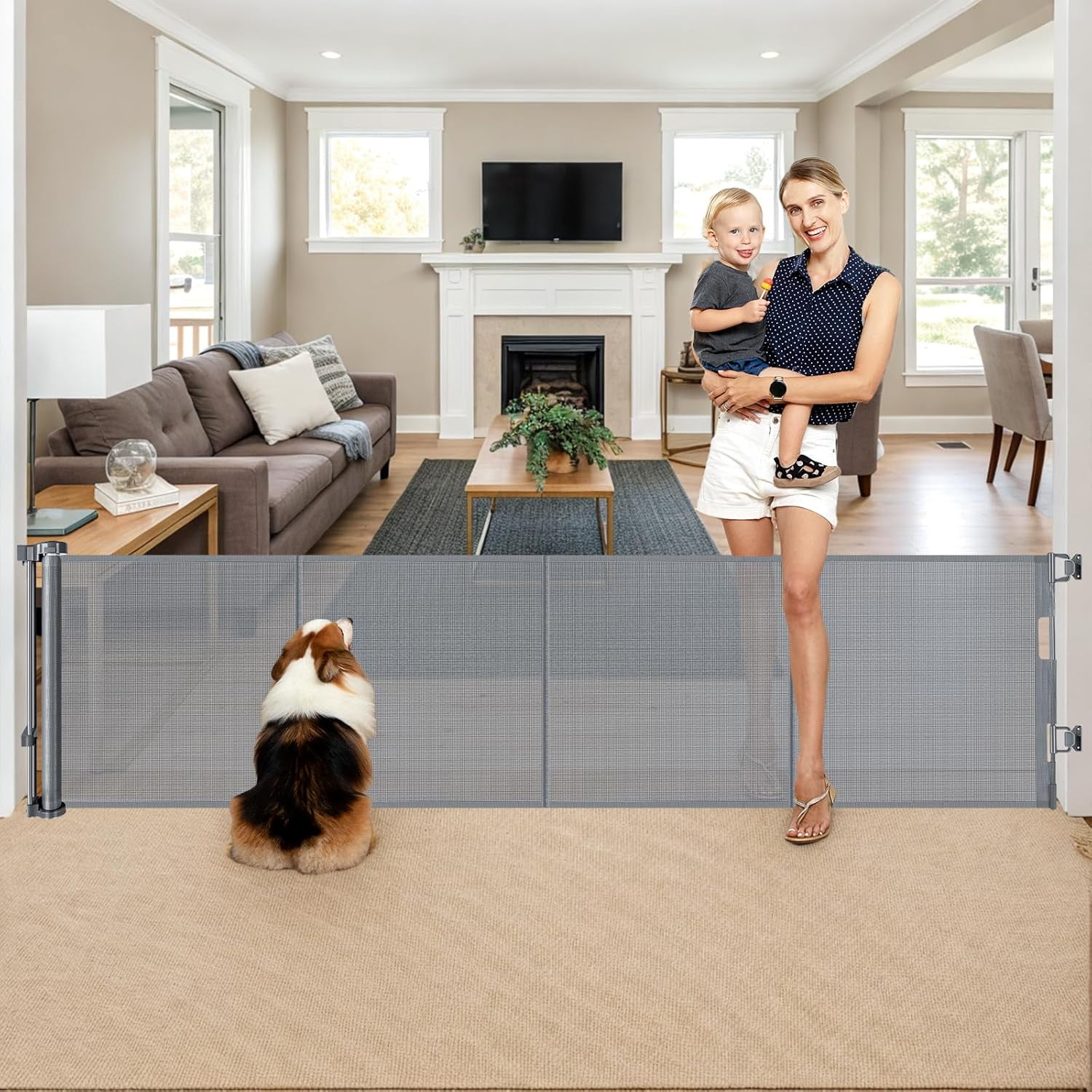 Reinforced 28" Tall Step Over Dog Gate x 100" Extra Wide Retractable Baby Gate with Support Rods ...