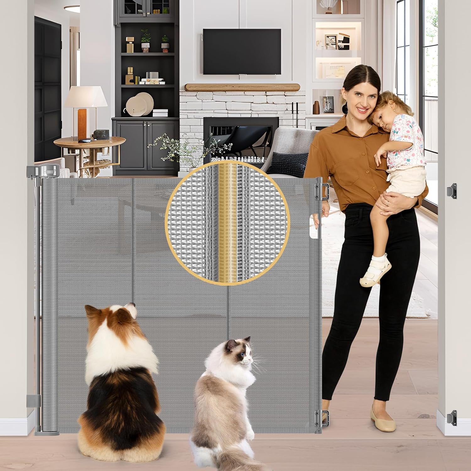 Reinforced 42" Extra Tall Baby Gate 55" Wide Retractable Dog Gate with ...