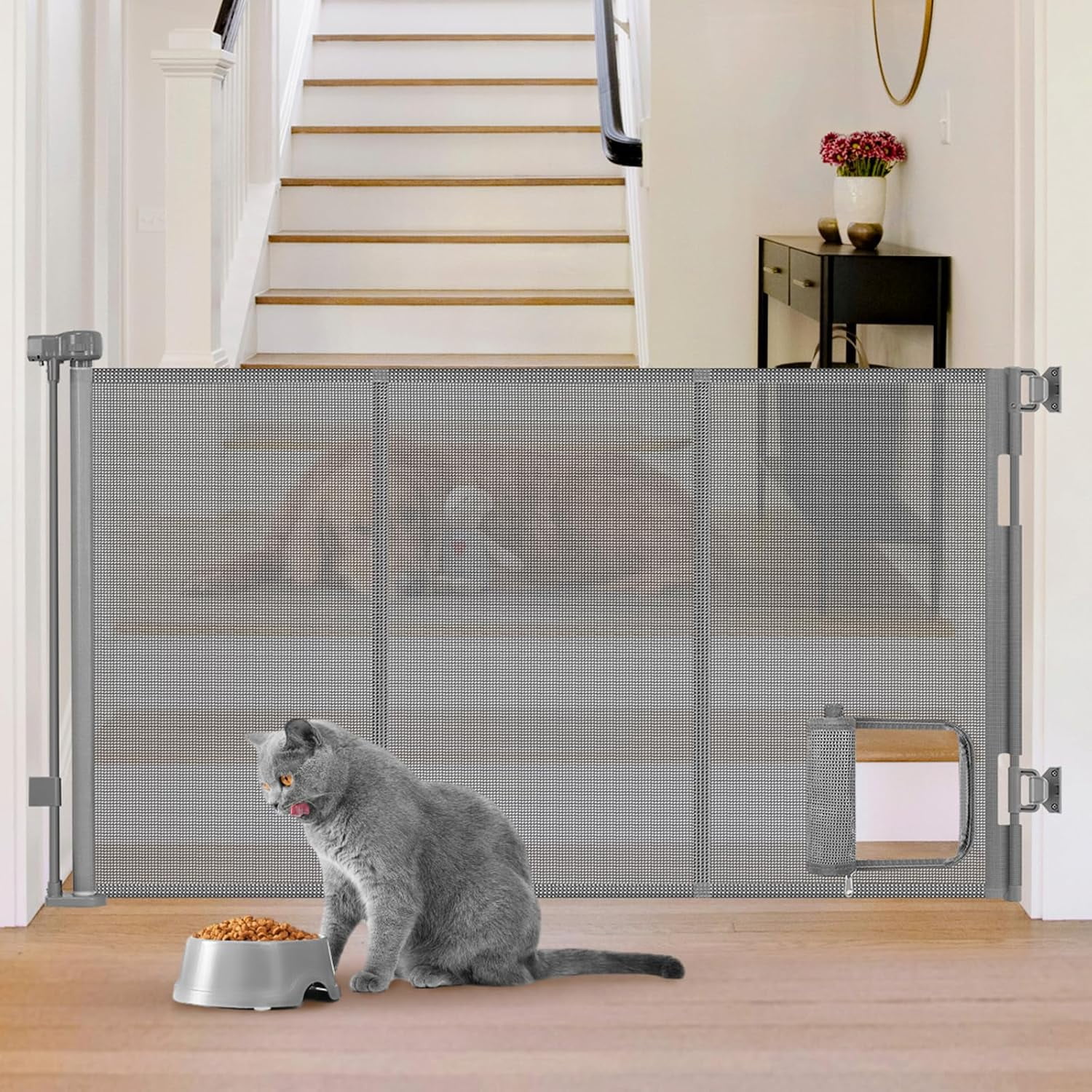 Reinforced 60” Wide Retractable Dog Gate with Cat Door Gates for Pets ...