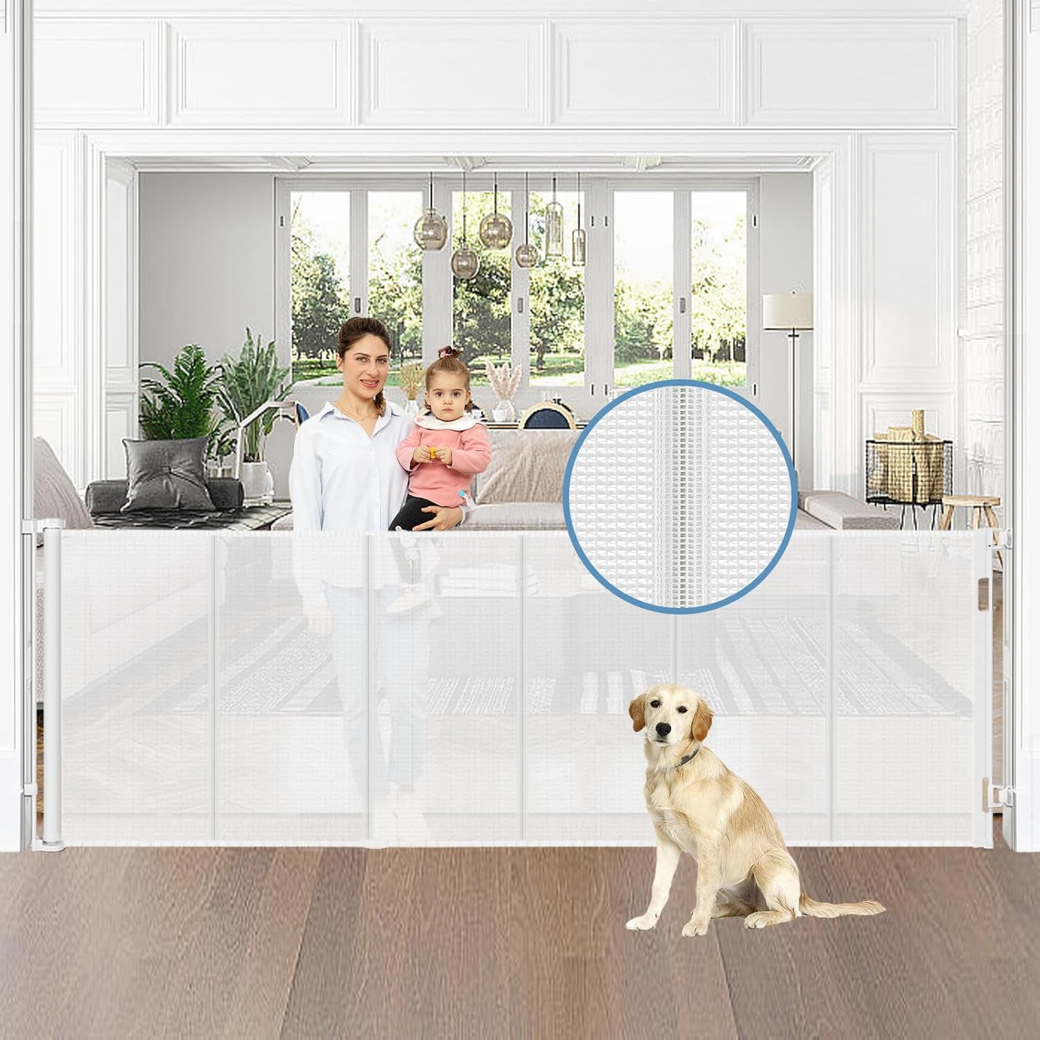 Reinforced 75” Wide Retractable Baby Gate with Support Rods, Upgrade ...