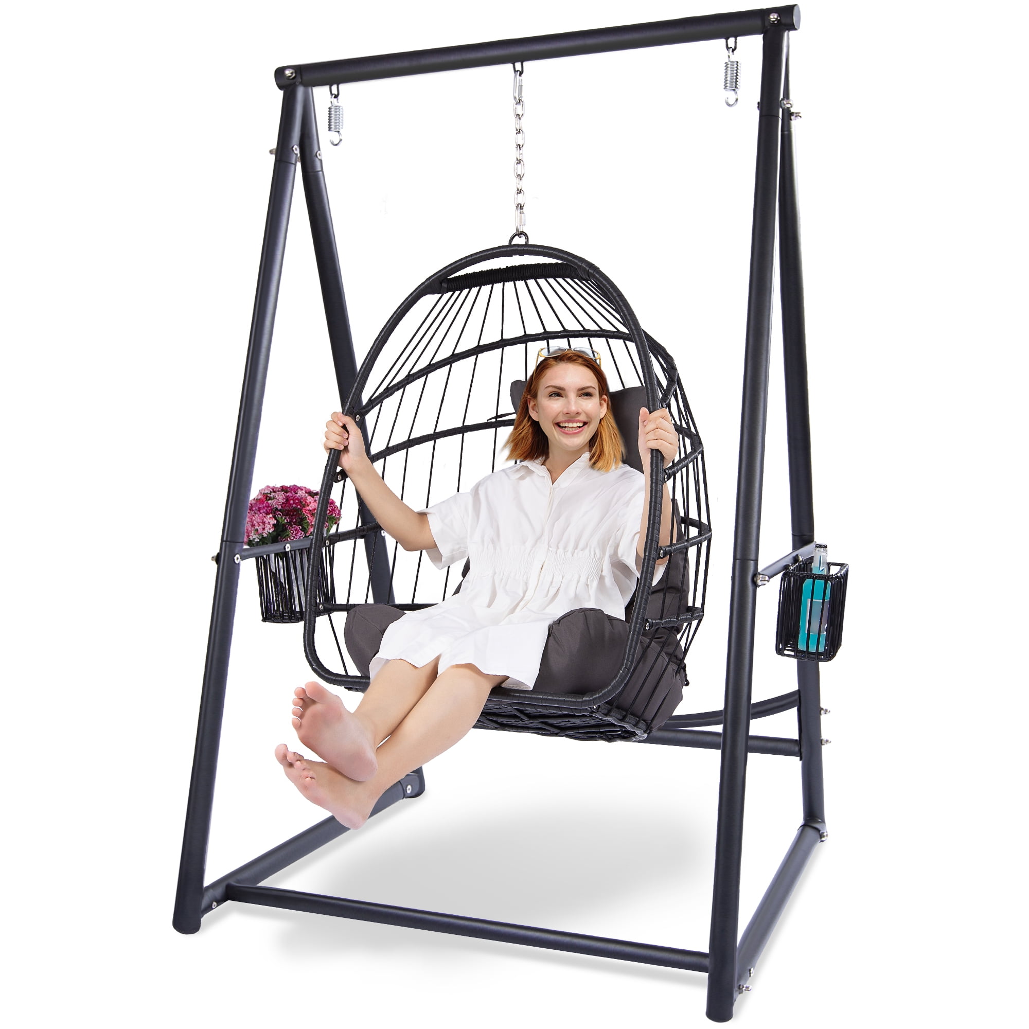 Black Reinforced Hammock Stand with 2 Baskets, Triangular Structure for ...