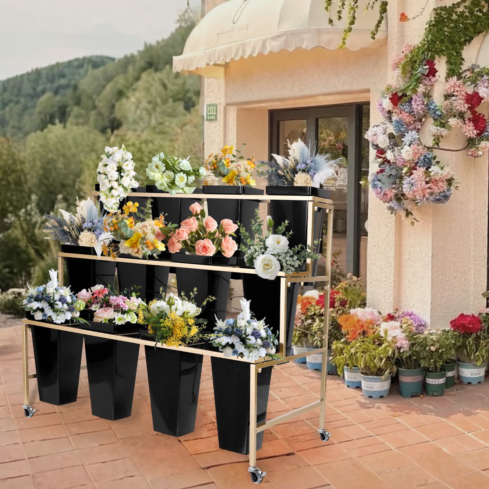 Reinforced Frame Black Flower Rack, Wheeled for Easy Movement, with ...
