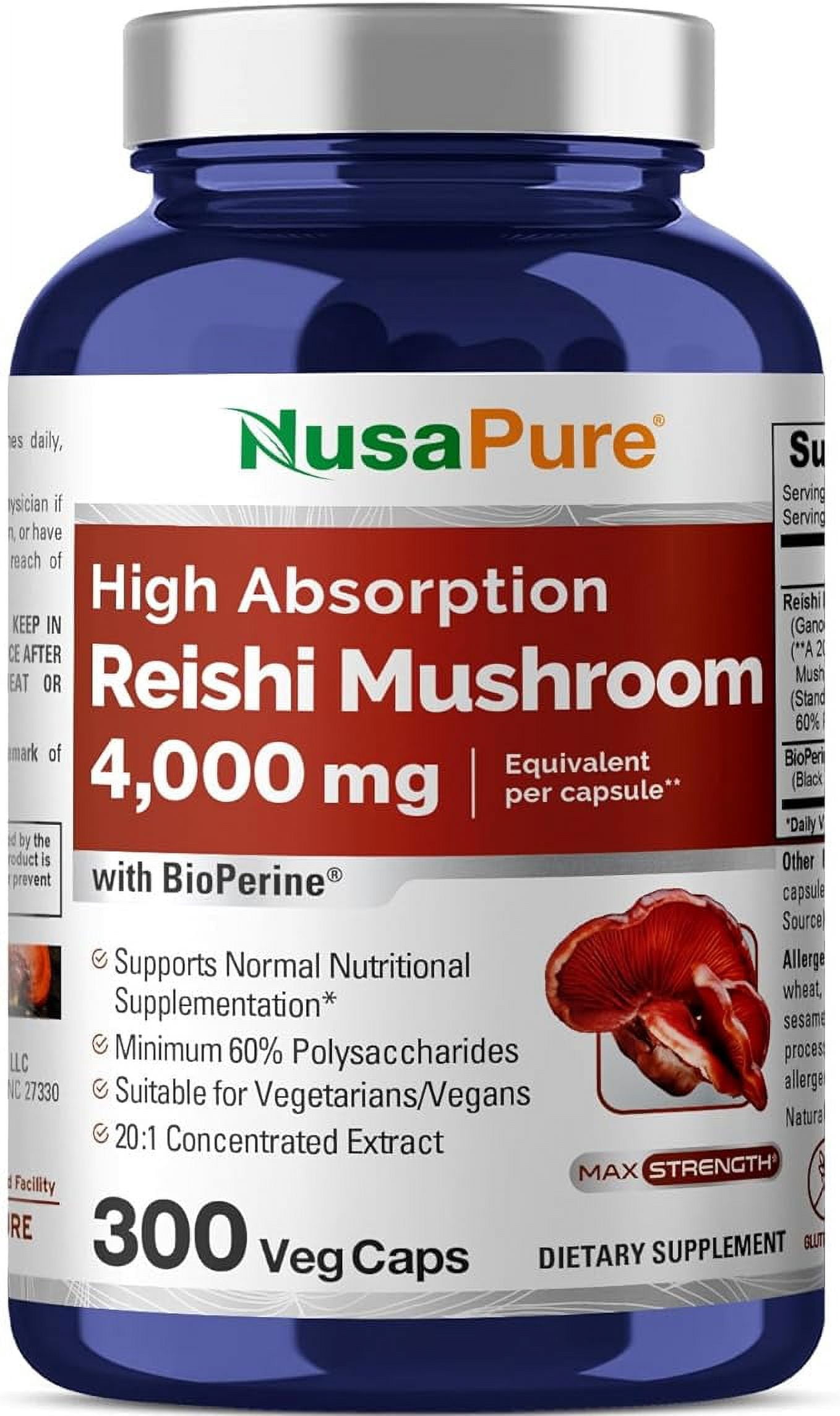 Reishi Mushroom Extract 4000mg Per Capsule 300 Veggie Caps (Vegan, Non ...