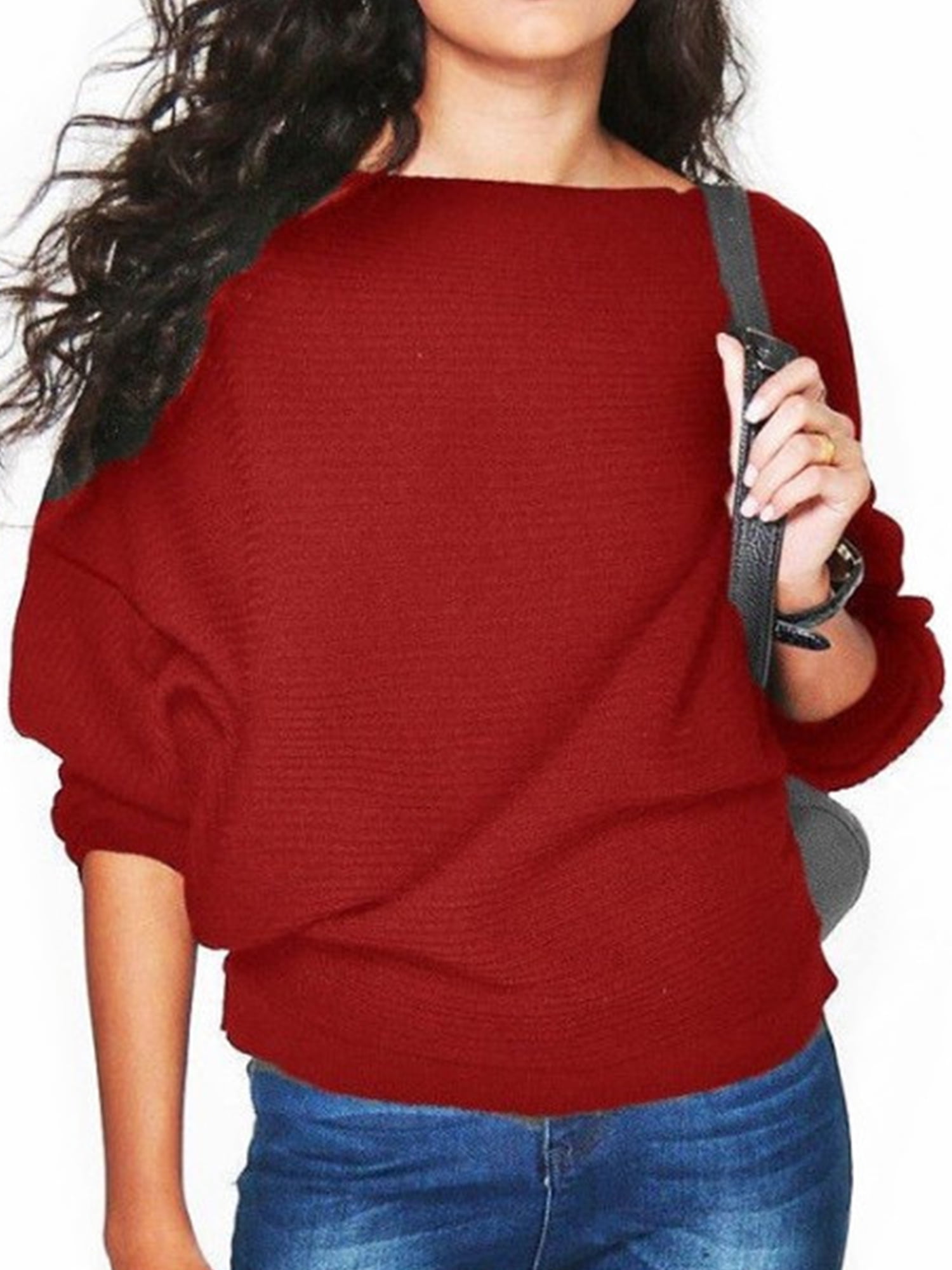 Rejlun Women Bat Sleeve Jumper Tops Knitwear Crew Neck Knitted Sweaters ...