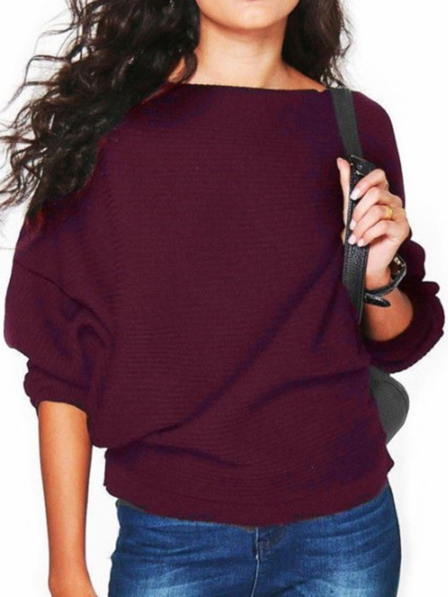 Rejlun Women Bat Sleeve Jumper Tops Knitwear Crew Neck Knitted Sweaters ...