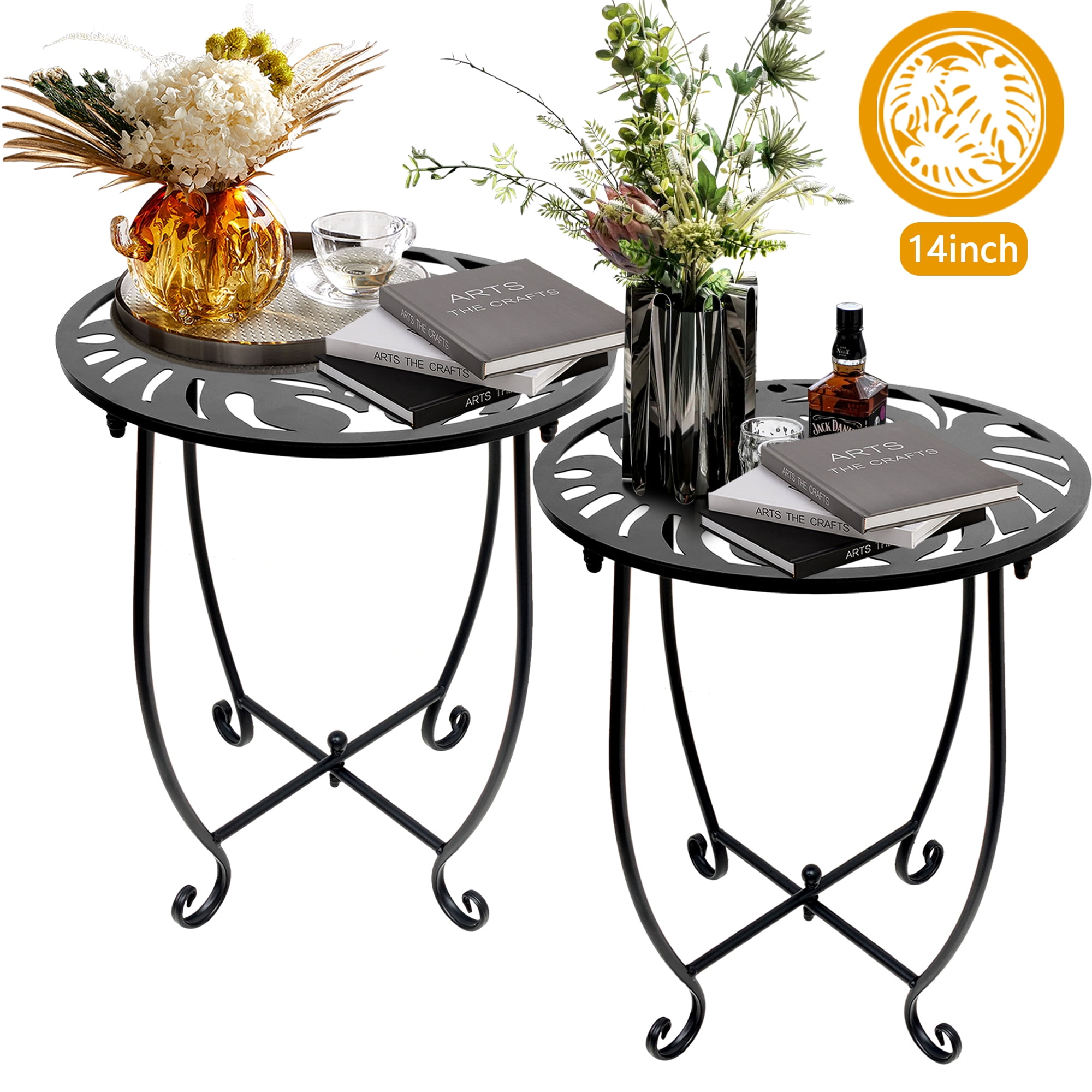 "Rekopi Small Metal 14"" Round Patio Side Table, Outdoor Indoor Table ...