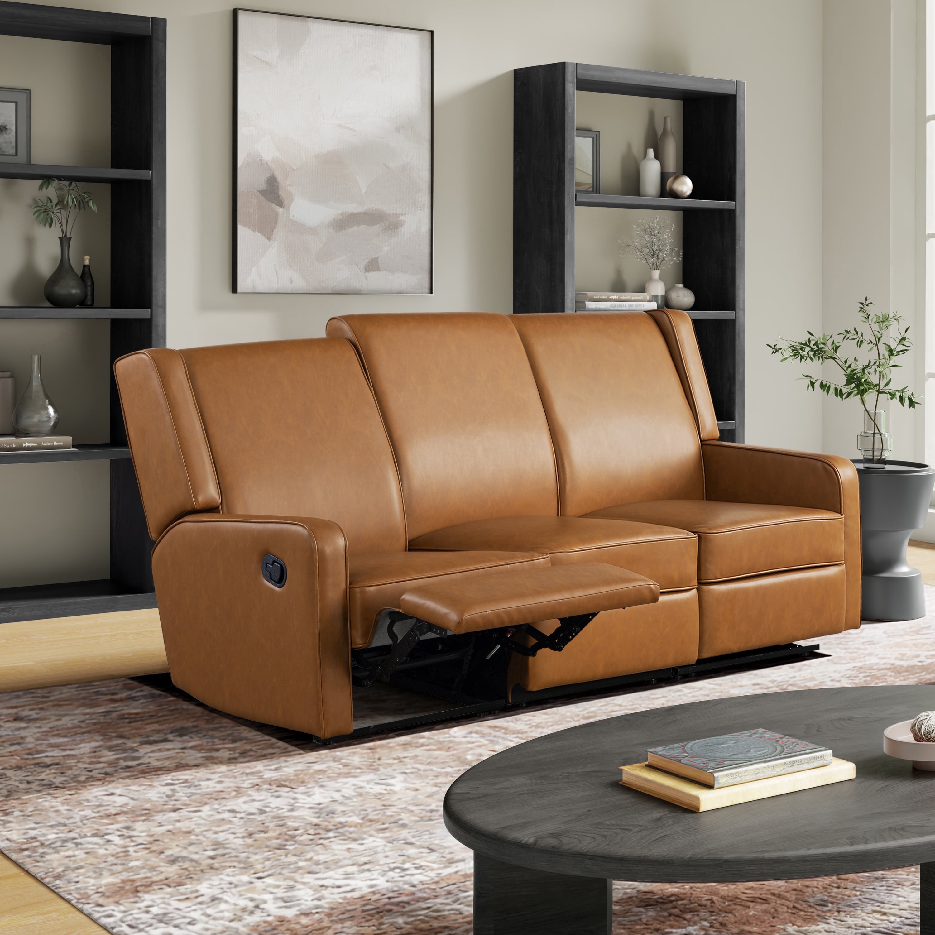 Relax A Lounger Einsley Relcining Sofa in Caramel Faux Leather ...