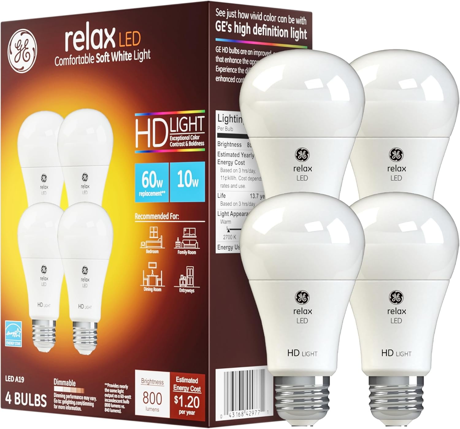 Relax LED Light Bulbs, 60 Watt, Soft White, A19 (4 Pack) - Walmart.com