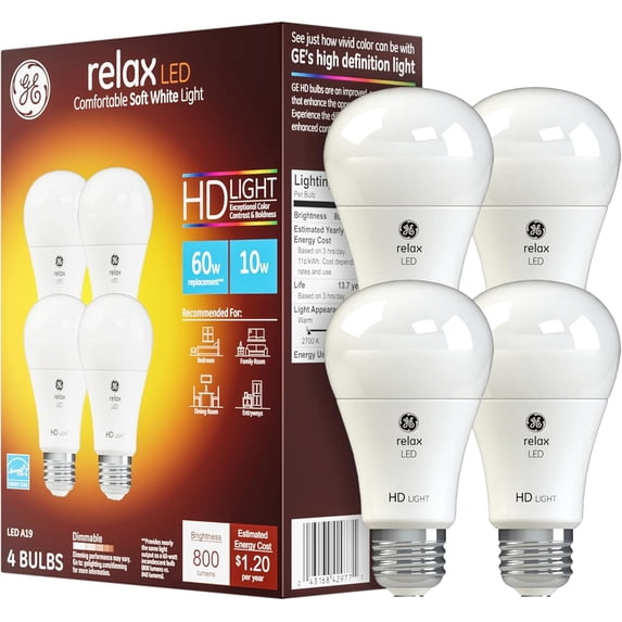 Relax LED Light Bulbs, 60 Watt, Soft White, A19 (4 Pack) - Walmart.com