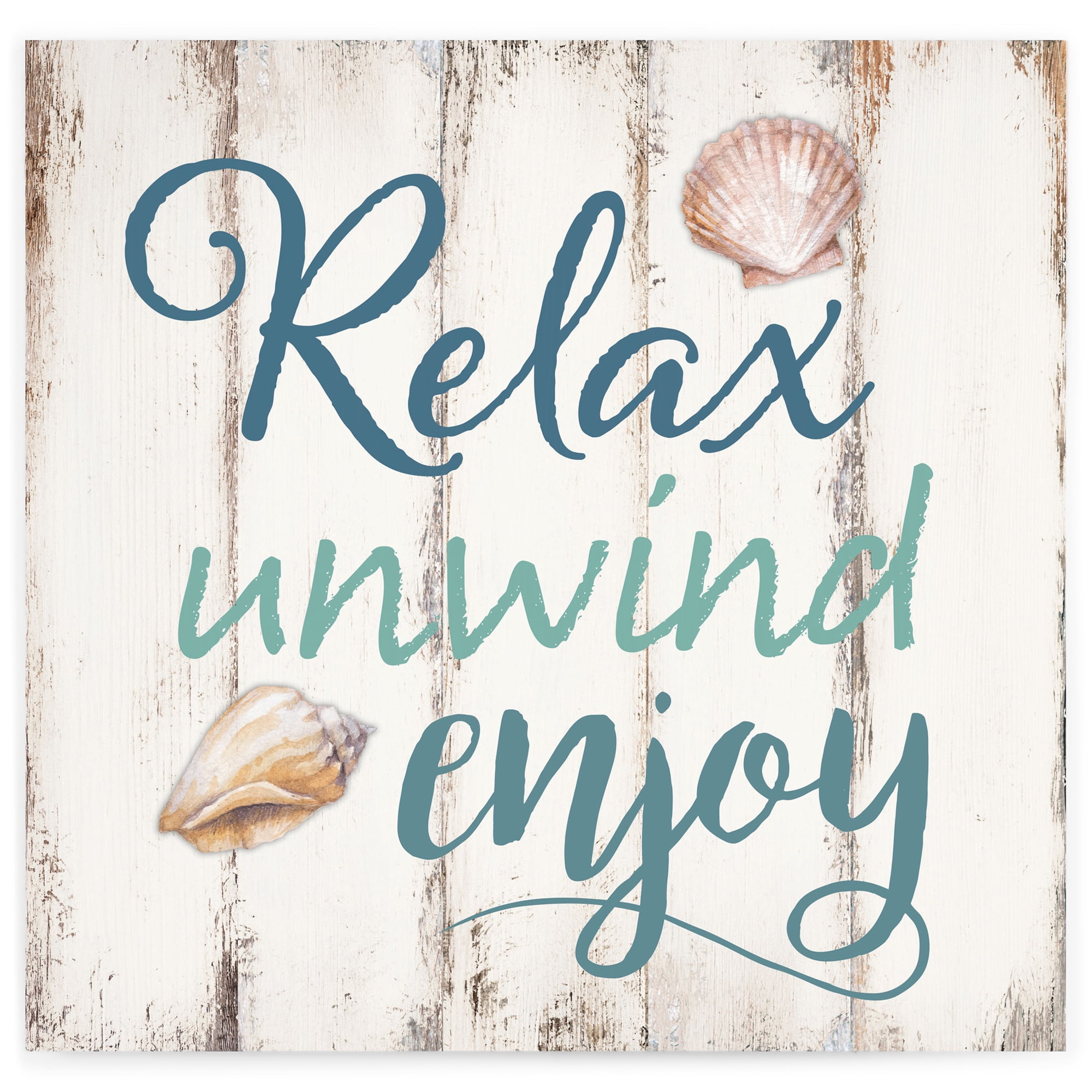 Relax Unwind Enjoy Seashells Design White Wash 18 x 17 Inch Solid Pine ...