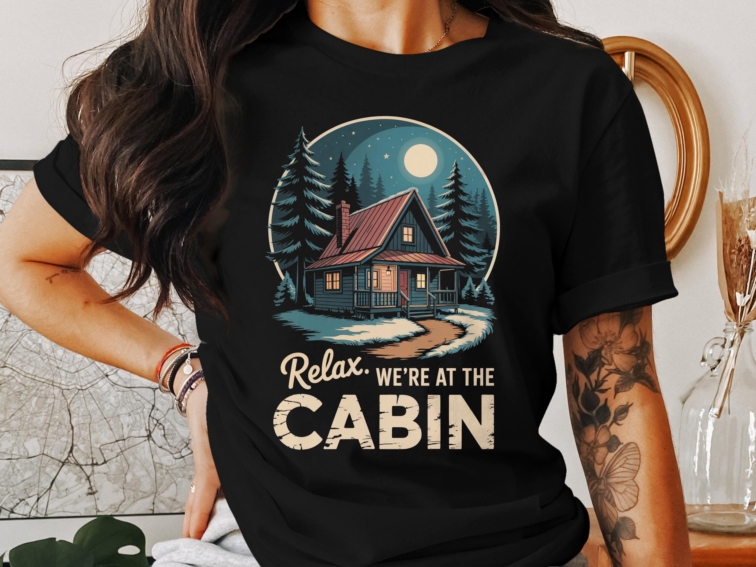 Relax at The Cabin Unisex T Shirt, Mountain Cabin Tee, Night Sky Tree ...