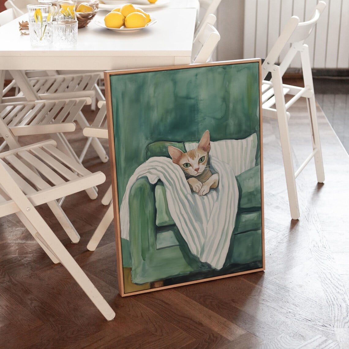 Relaxed Cat Art, Green Living Room Decor, Whimsical Cat Wall Print ...