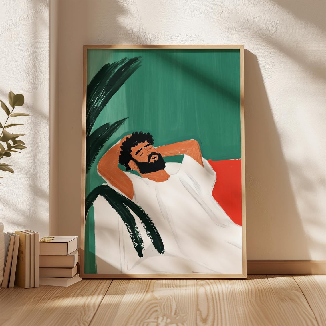 Relaxed Man Portrait Art Print, Modern Painting, Green Background With ...