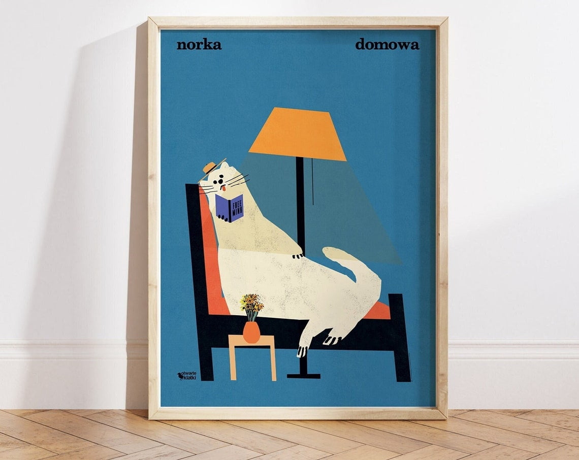 Relaxed Mink Reading A Book On Armchair, Original Polish Poster ...