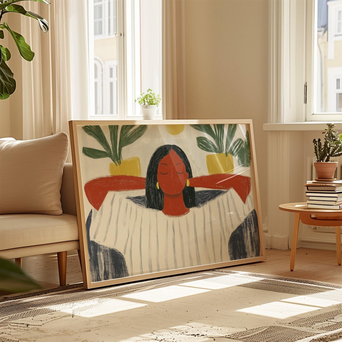 Relaxed Woman With Plants, Modern Minimalist Art Print, Earthy Tones ...