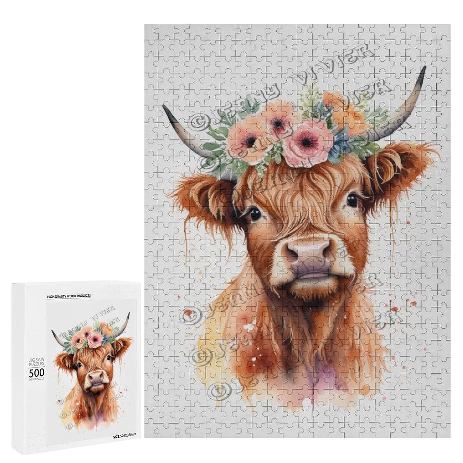 Relaxing 500 Piece Wooden Puzzle – Cow with Floral Crown – Charming ...