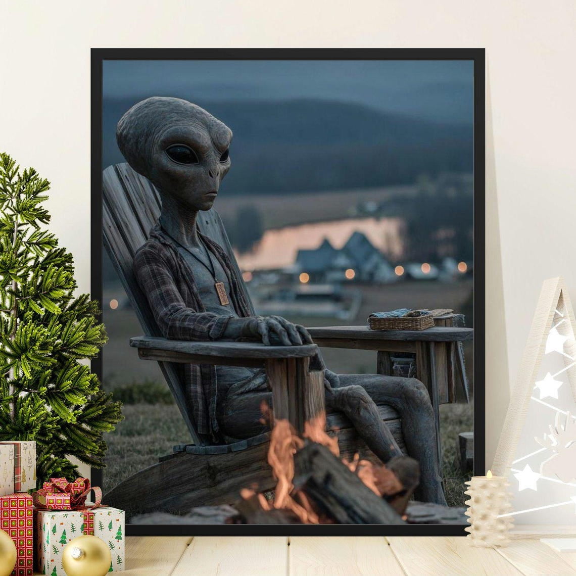 Relaxing Alien Poster, Campfire Art, Extraterrestrial Decor, Outdoors ...