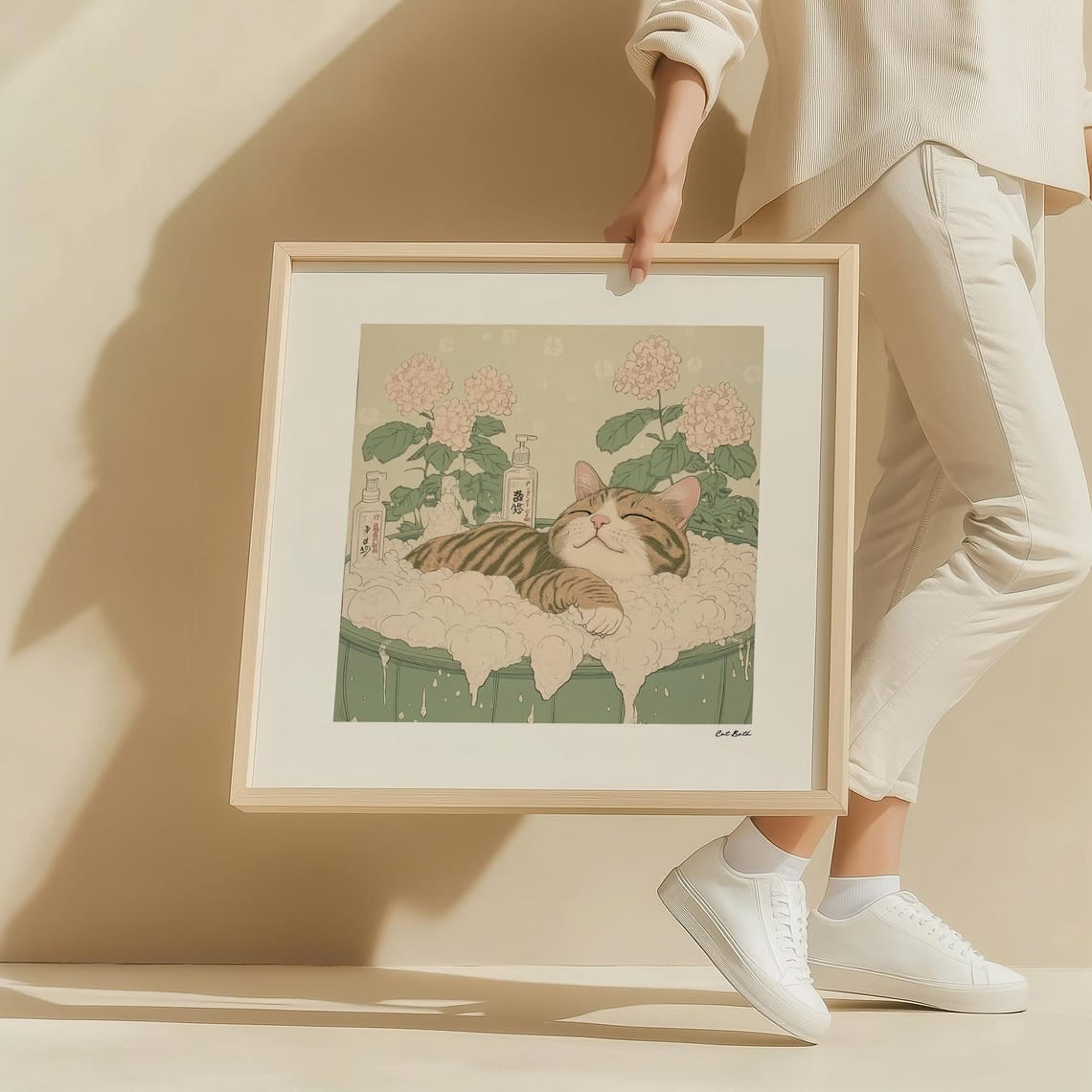 Relaxing Cat In Bath Japanese Inspired Print Calm Animal Wall Art For ...