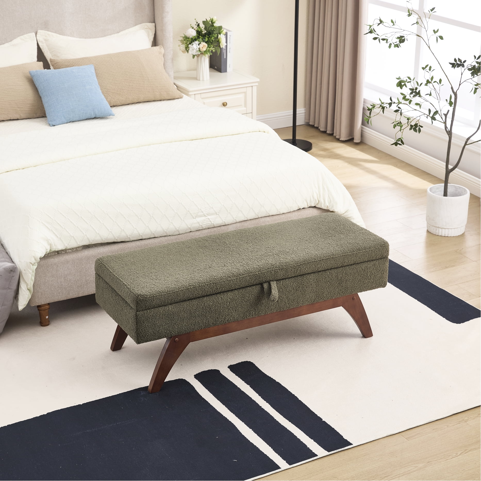 Relaxing Footrest In Cloth With Stable Wood Construction Bedside Stool ...