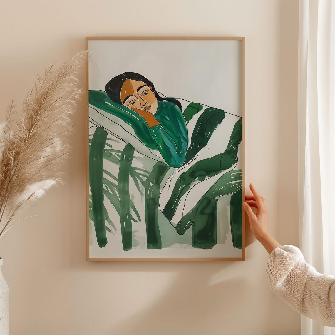 Relaxing Woman In Green Blanket, Cozy Resting Figure Minimalist Comfort ...