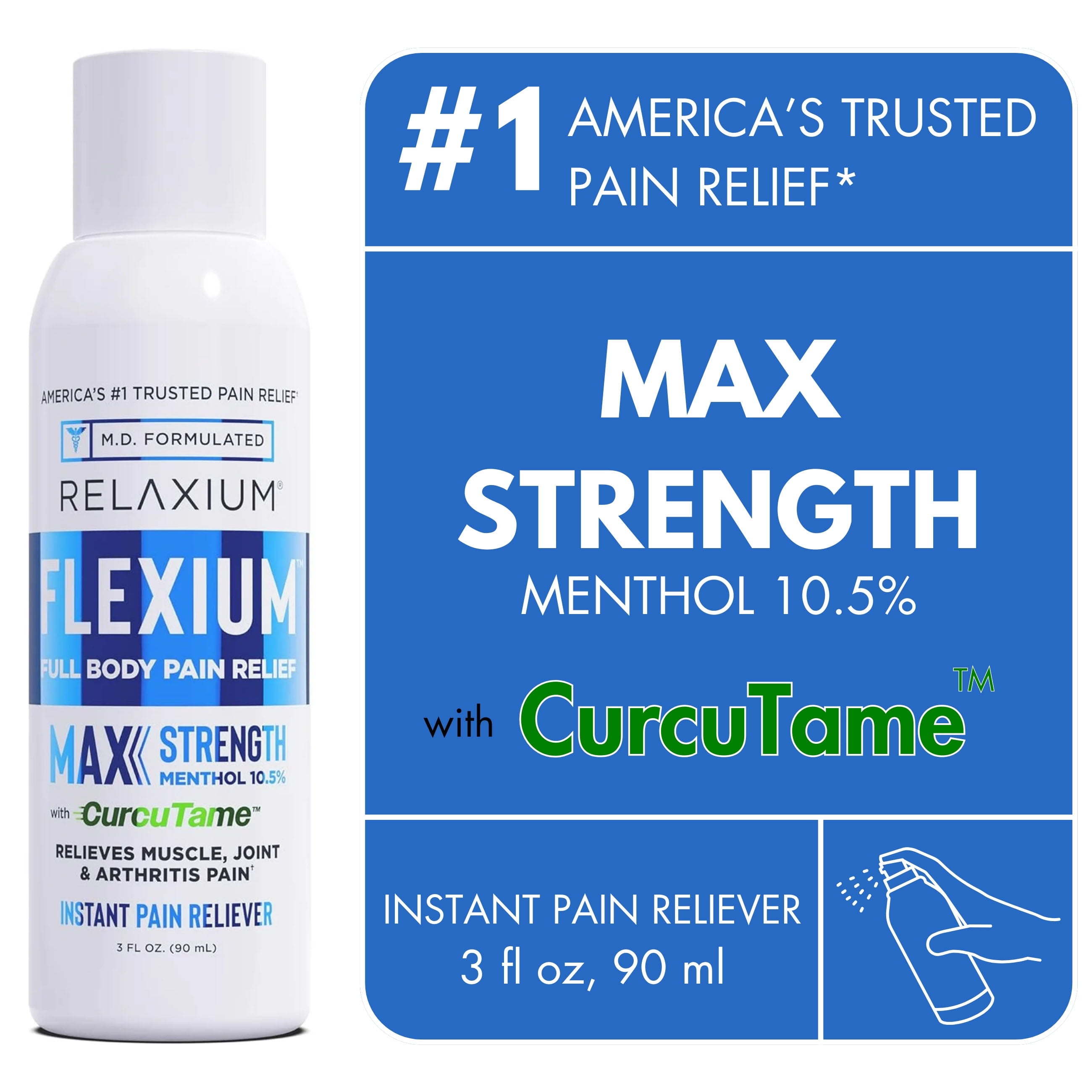 Relaxium Flexium Instant Spray for Pain, Max Strength with 10.5% Menthol & CurcuTame, Supports ...