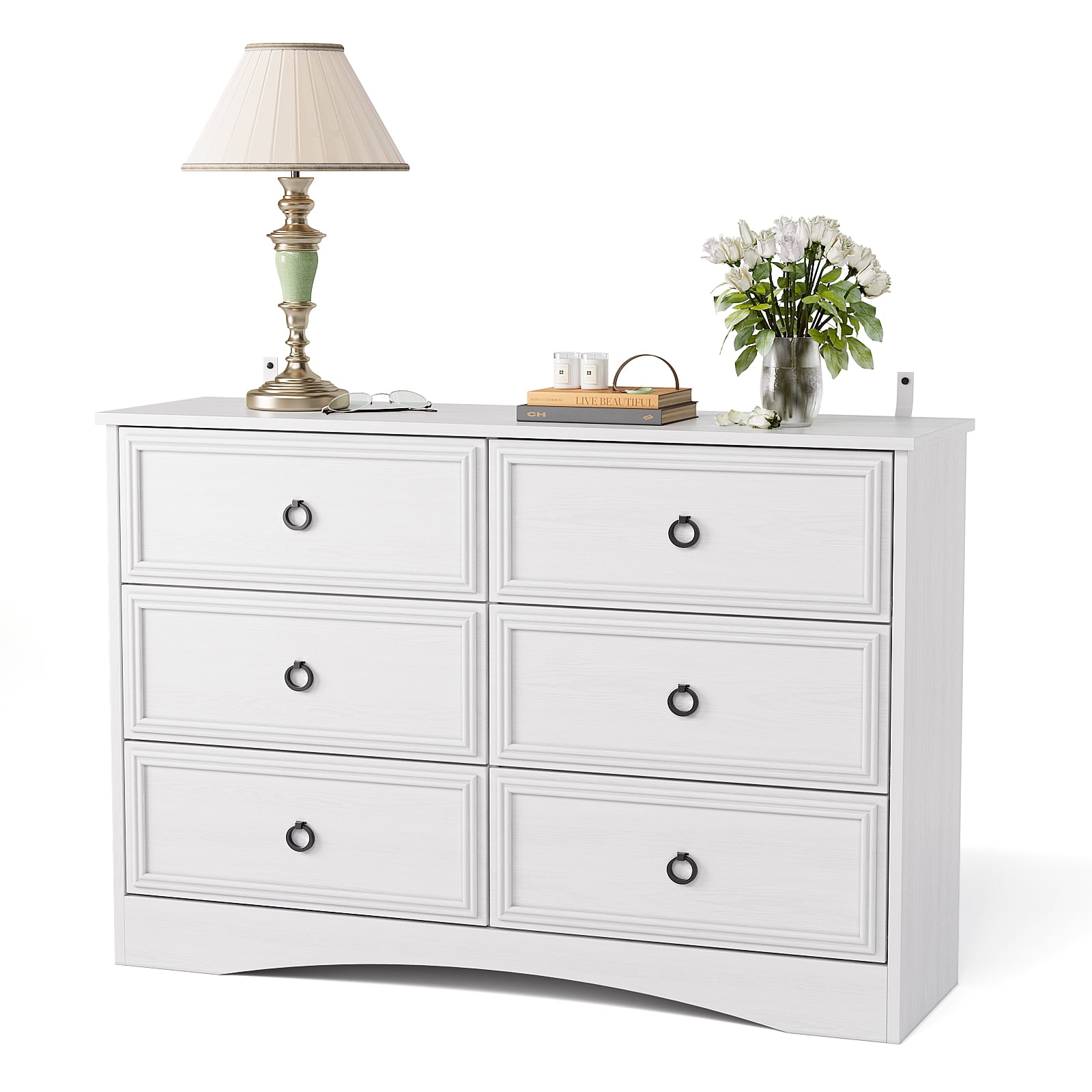 Relefree 6 Drawer Double Dresser, Modern Wood Horizontal Cabinet Dresser Chest of Drawers for ...