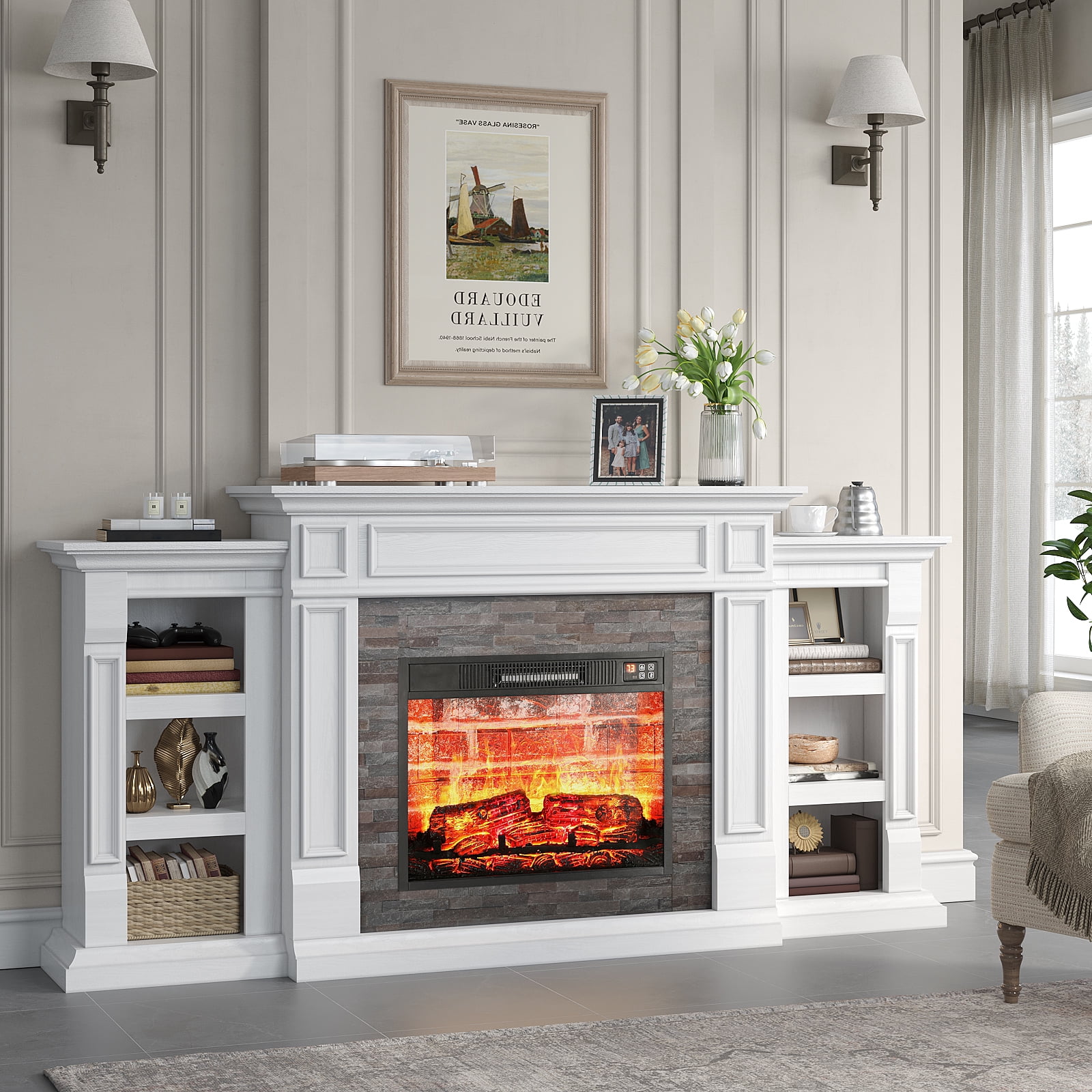 Relefree 70" Electric Fireplace with Mantel, Farmhouse TV Stand For TVs ...