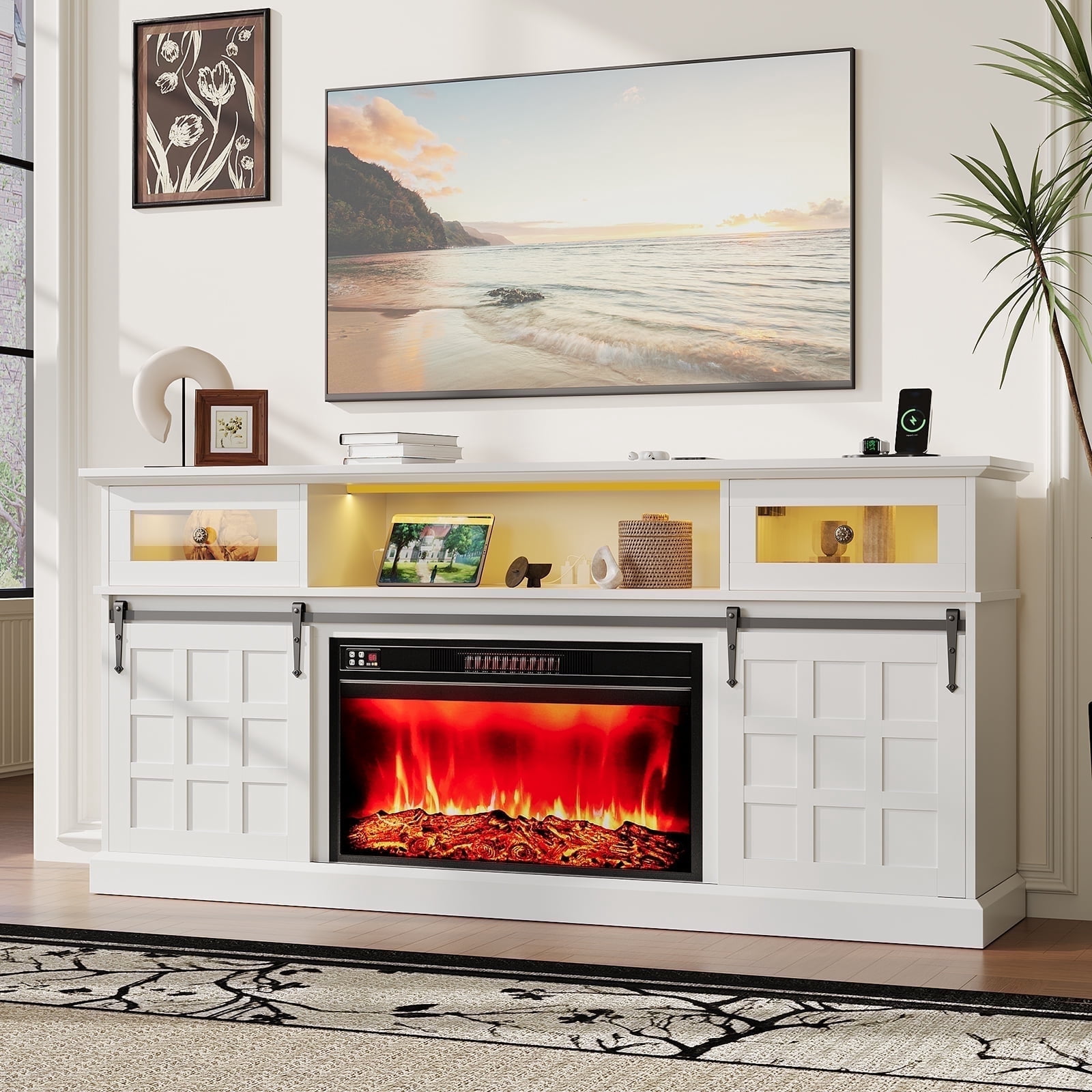Holliwill 70" TV Stand for TVs up to 80" with 30" Electric Fireplace ...