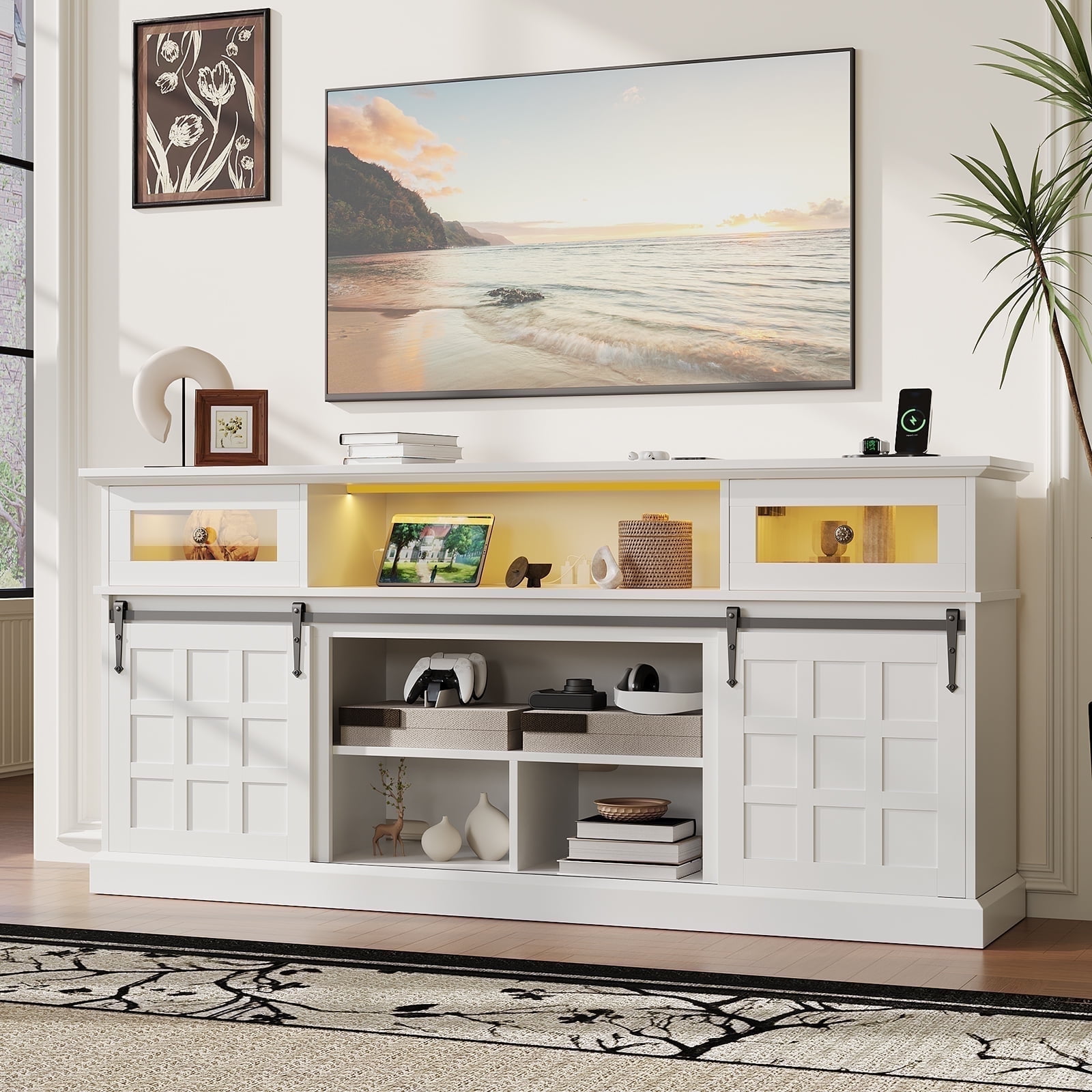 Holliwill 70" TV Stand for TVs up to 80" with Charging Station & LED ...