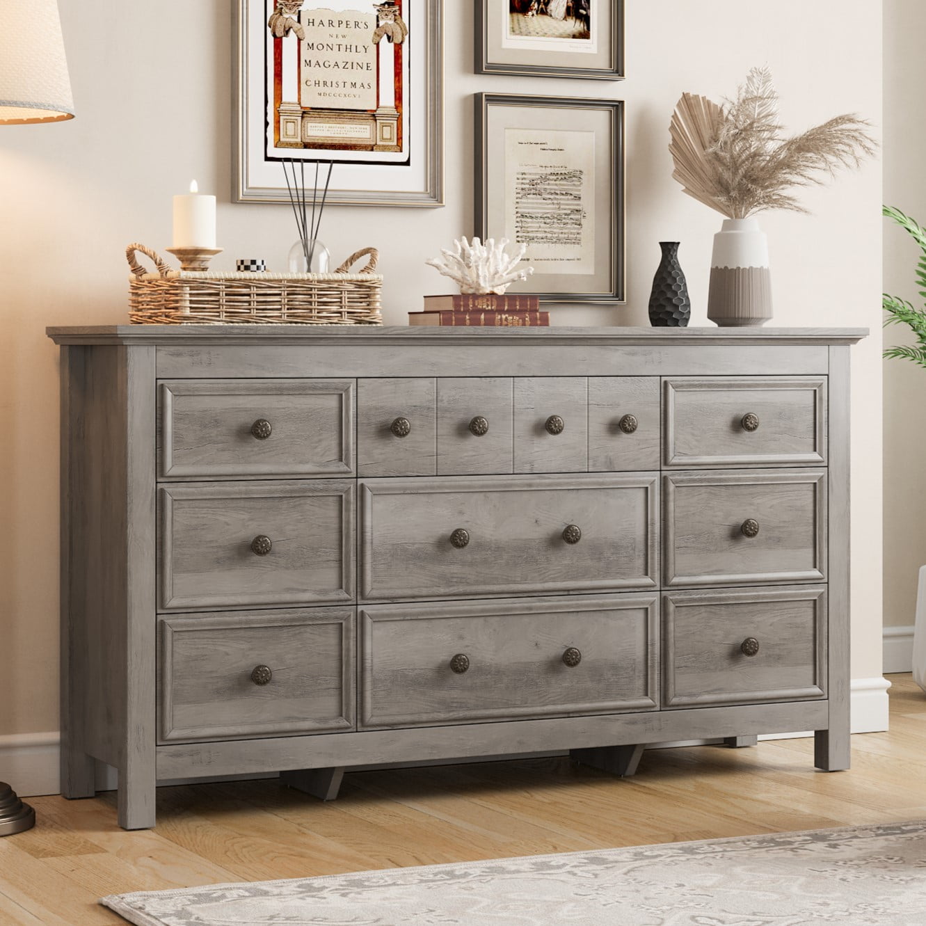 Relefree 9 Drawers Dresser for Bedroom, Farmhouse Long Dresser Wood ...