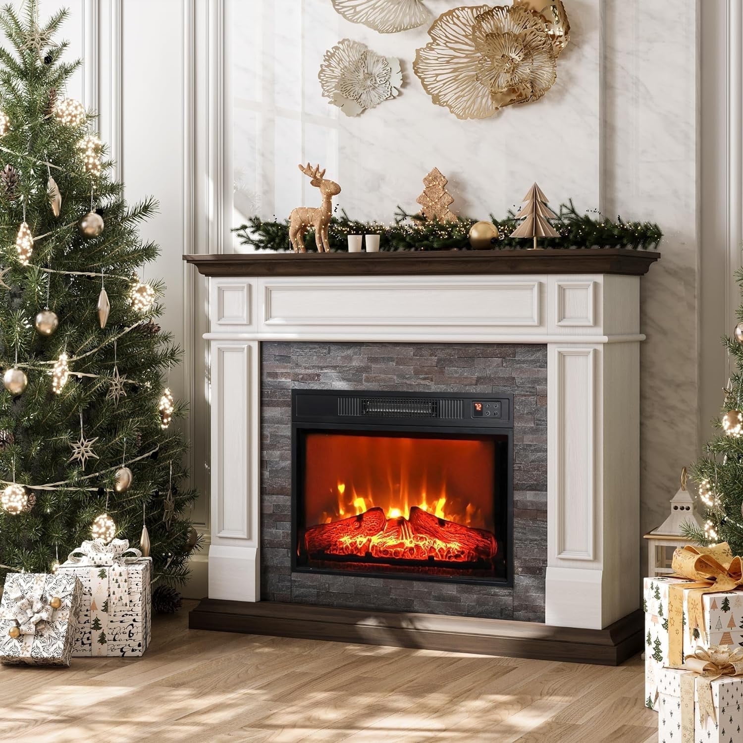 Holliwill Electric Fireplace Mantel, 44" Freestanding Fireplace Heater ...