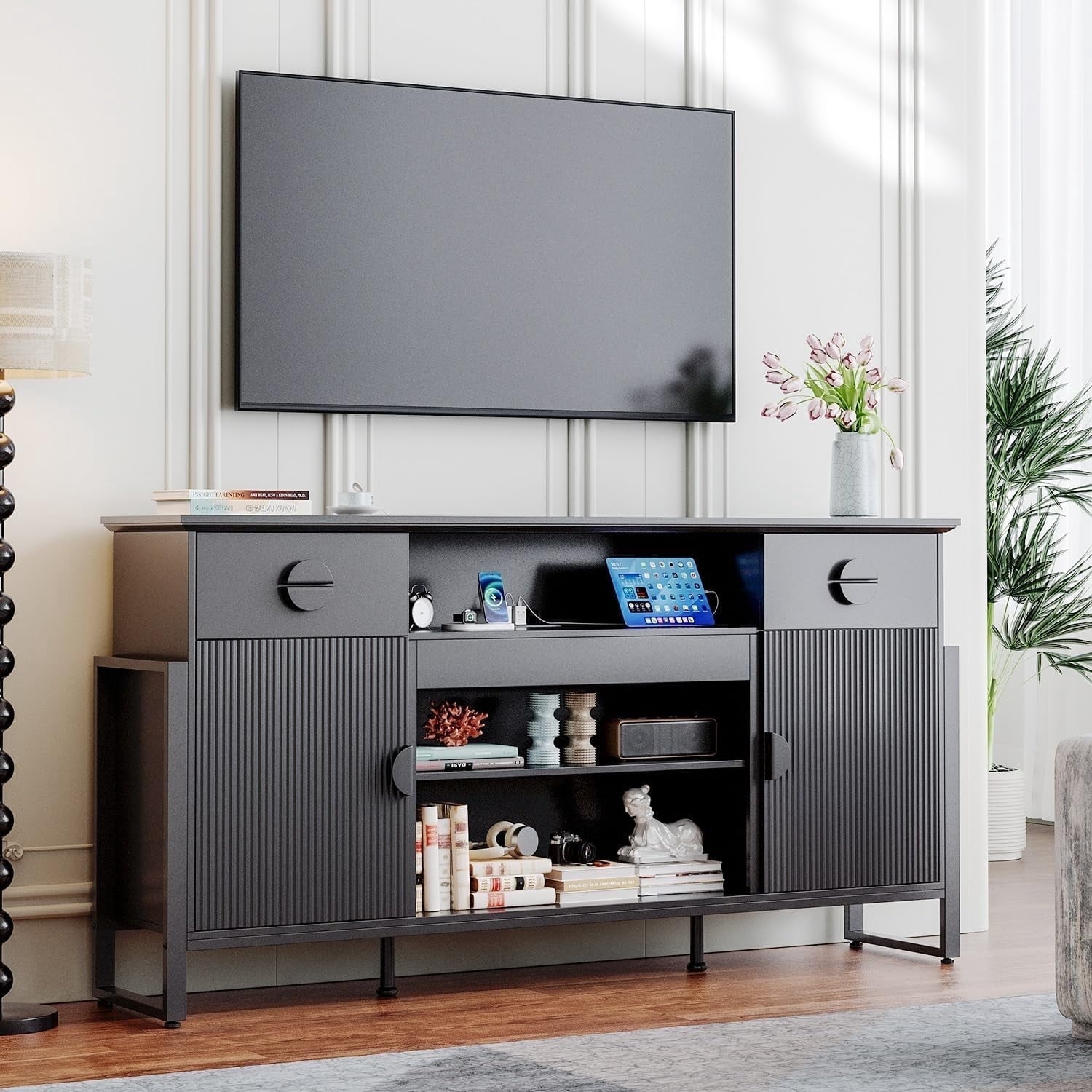 Holliwill Fluted 70" TV Stand for TVs up to 80" with Charging Station ...