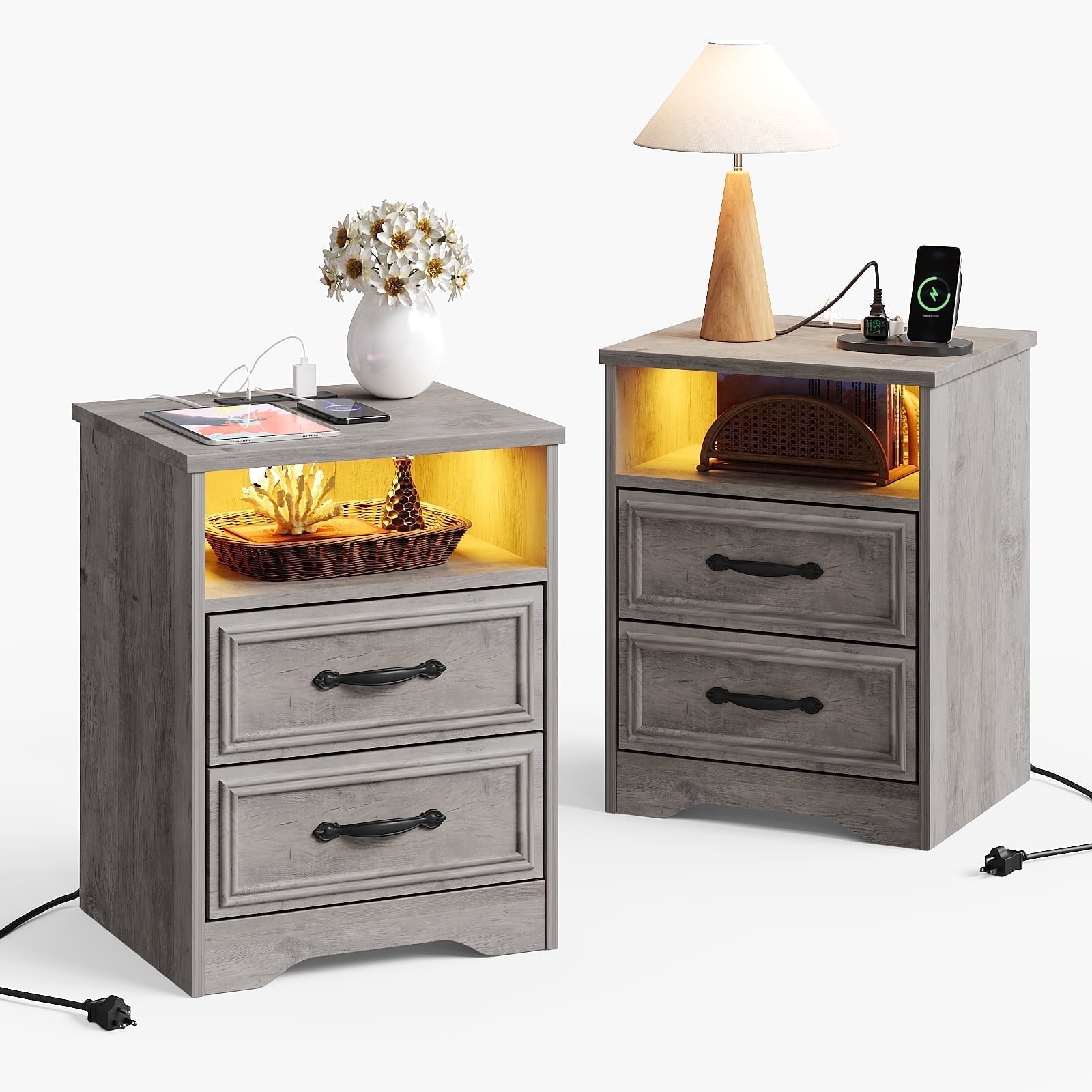 Relefree Nightstand with Charging Station Set of 2, 2 Drawer Dresser ...