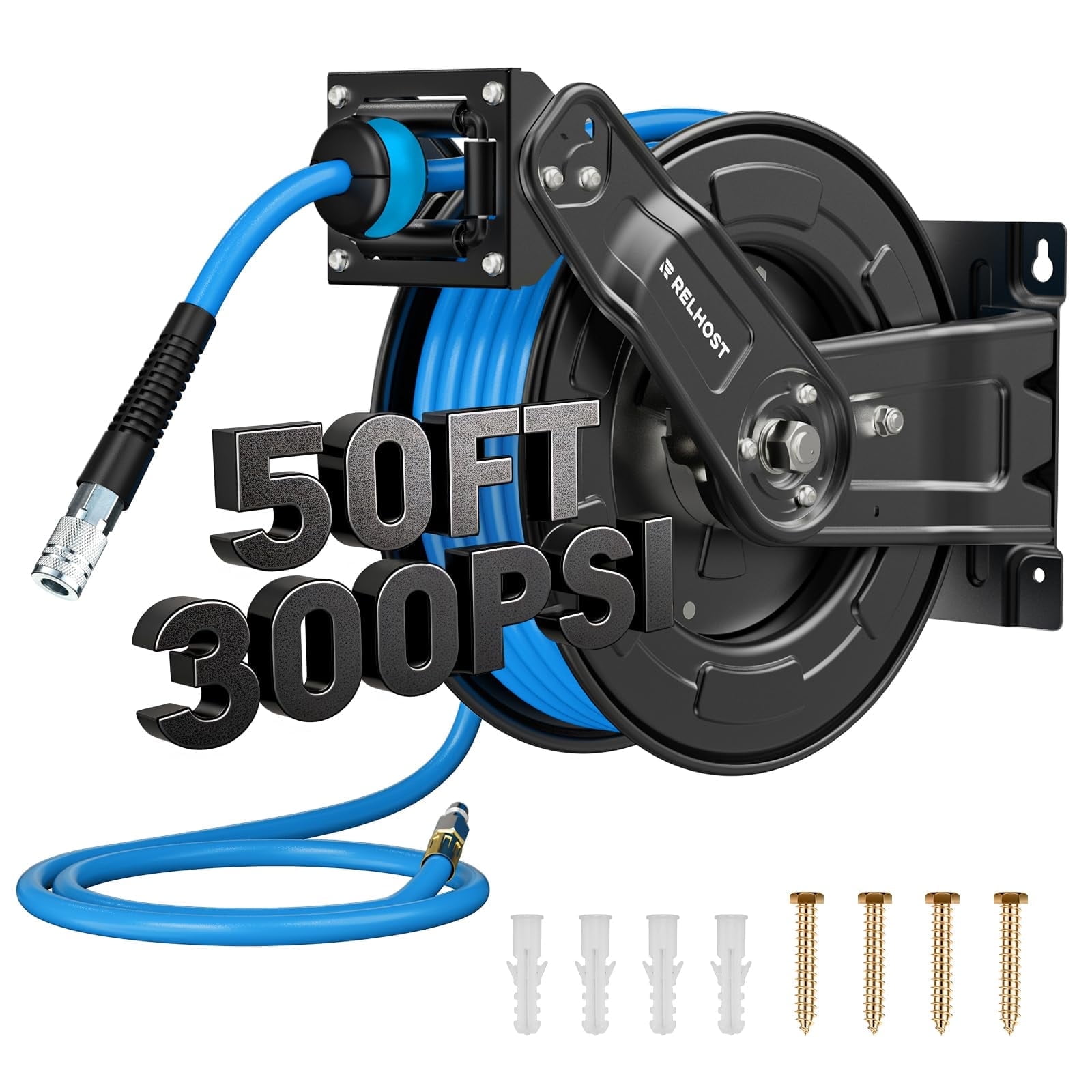 Relhost Retractable Air Hose Reel, 50 ft x 3/8 in Hybrid Air Hose Max ...