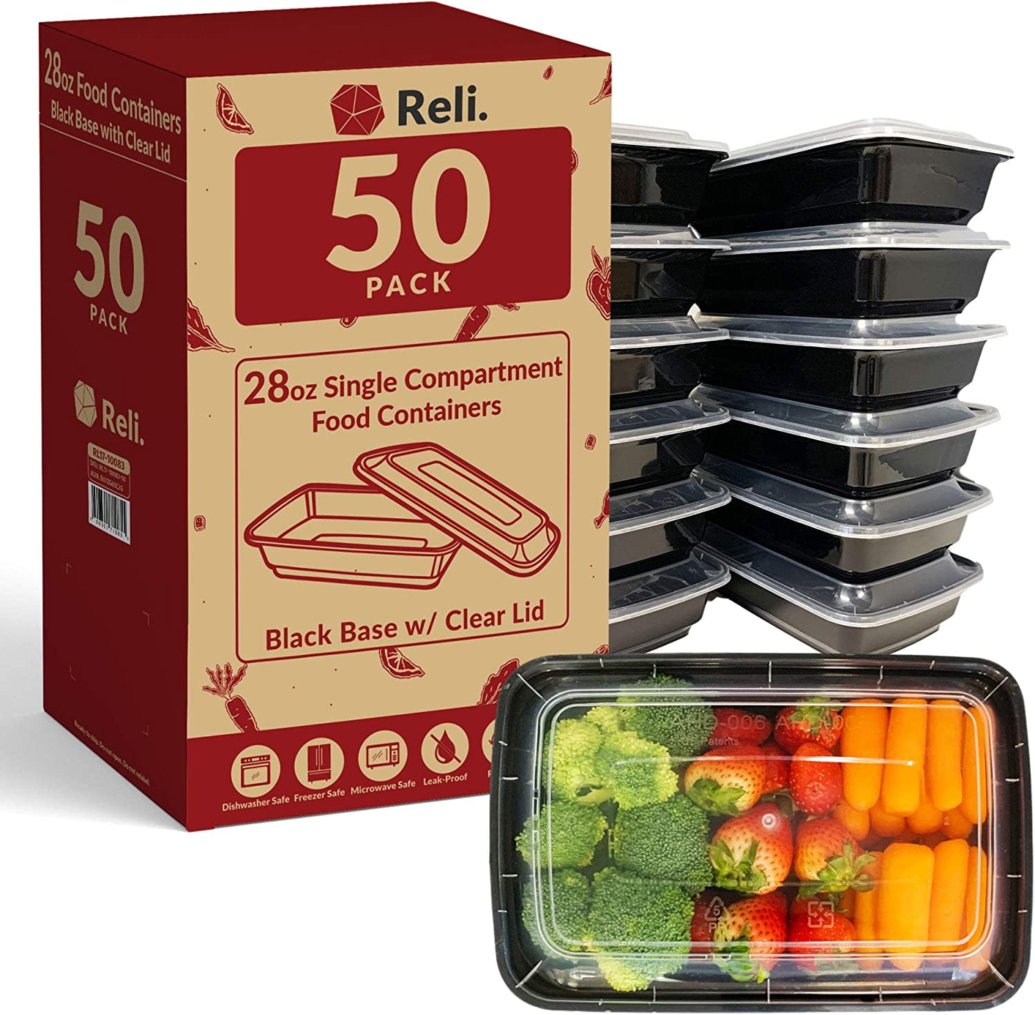 Reli. 28 oz Meal Prep Containers w/Lids - 50 Pack | Leftover To Go ...