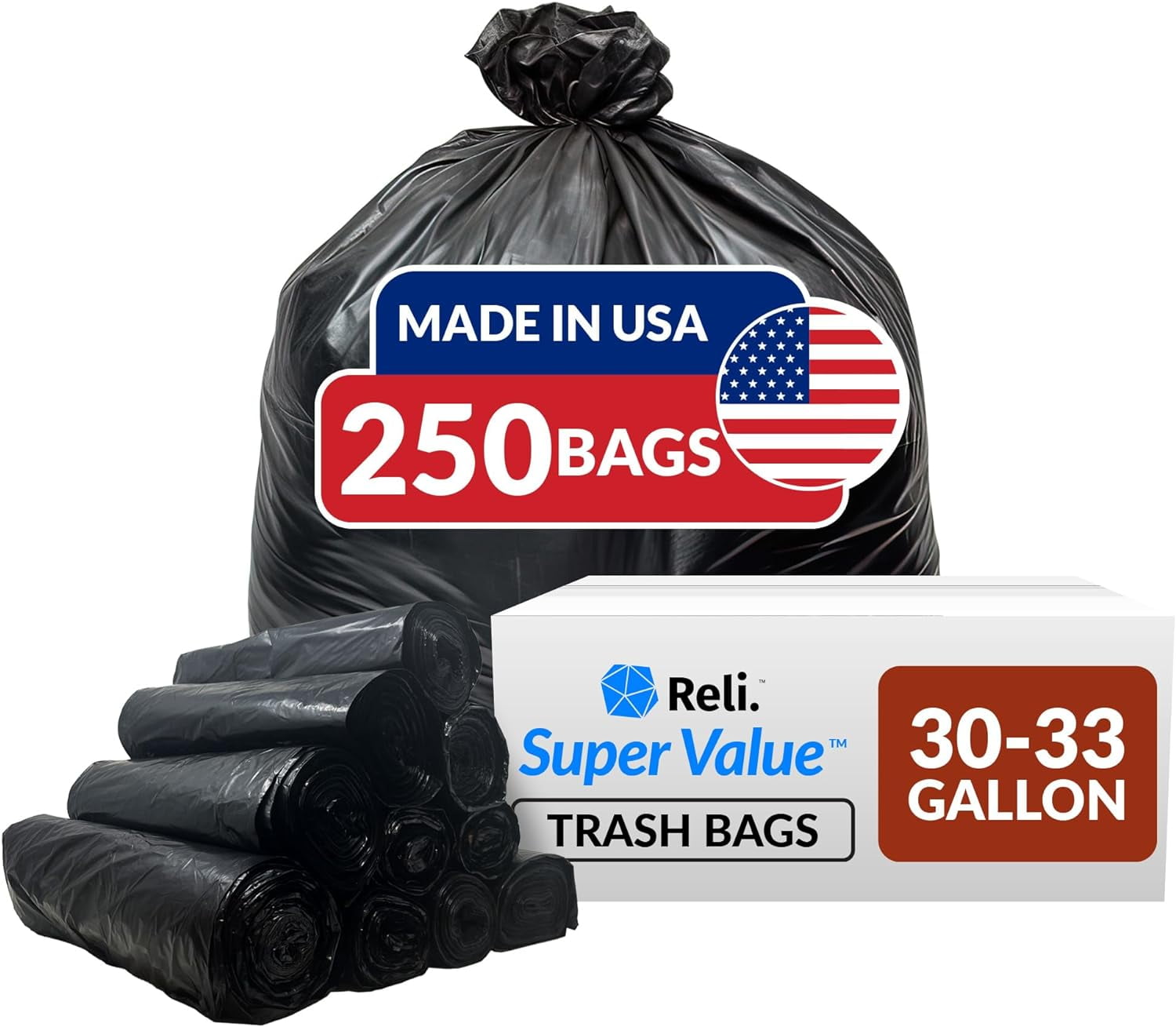 Reli. 30-33 Gallon Trash Bags Heavy Duty | 250 Count Bulk | Black Large ...