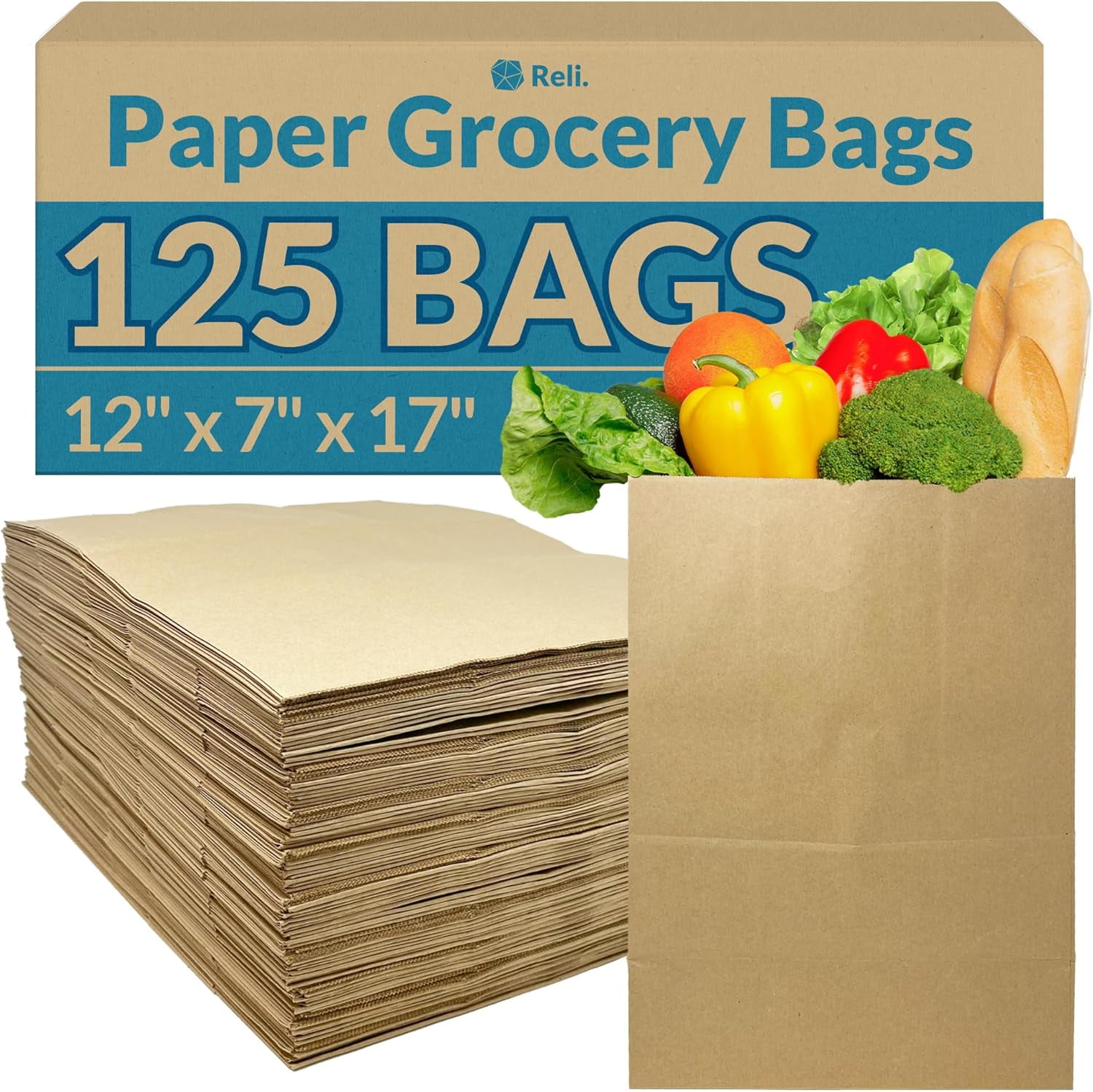 Reli. Paper Grocery Bags (125 Pcs Bulk) (12x7x17) 70 Lbs Basis, Extra ...