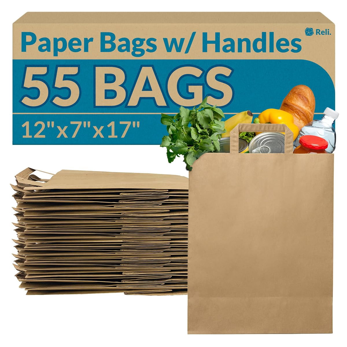 Reli. Paper Grocery Bags with Handles | 55 Pcs Bulk | 12"x7"x17 ...