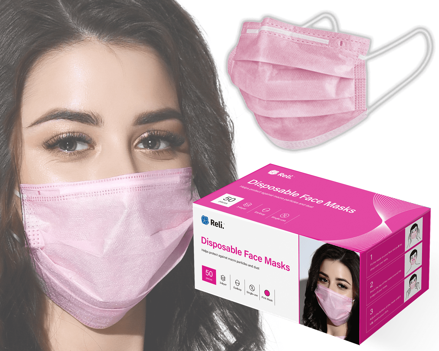 Reli. Pink Face Masks (50 Masks) Disposable Pink Mask - 3-PLY ...