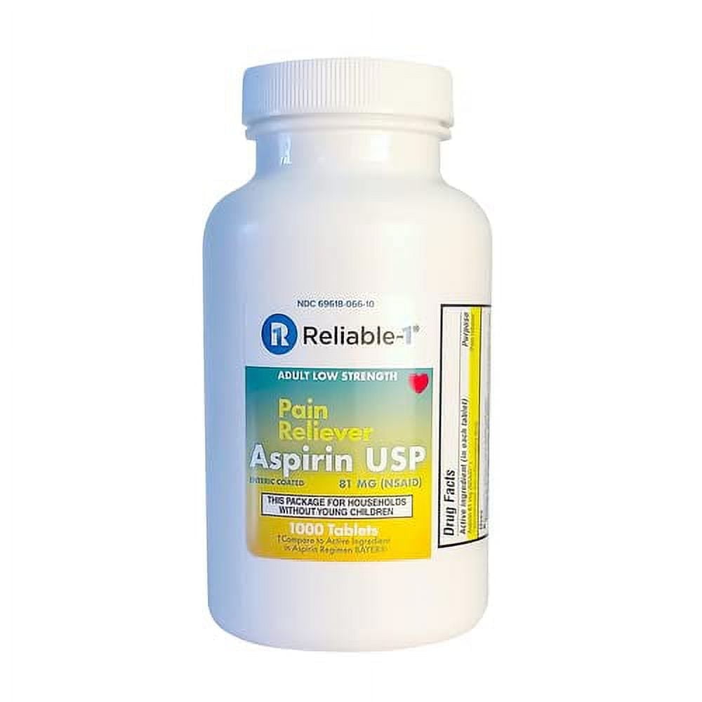 Reliable-1 Low Dose Aspirin 81 mg Enteric Coated Tablets for Pain, 1000 Count HSA/FSA Eligible ...